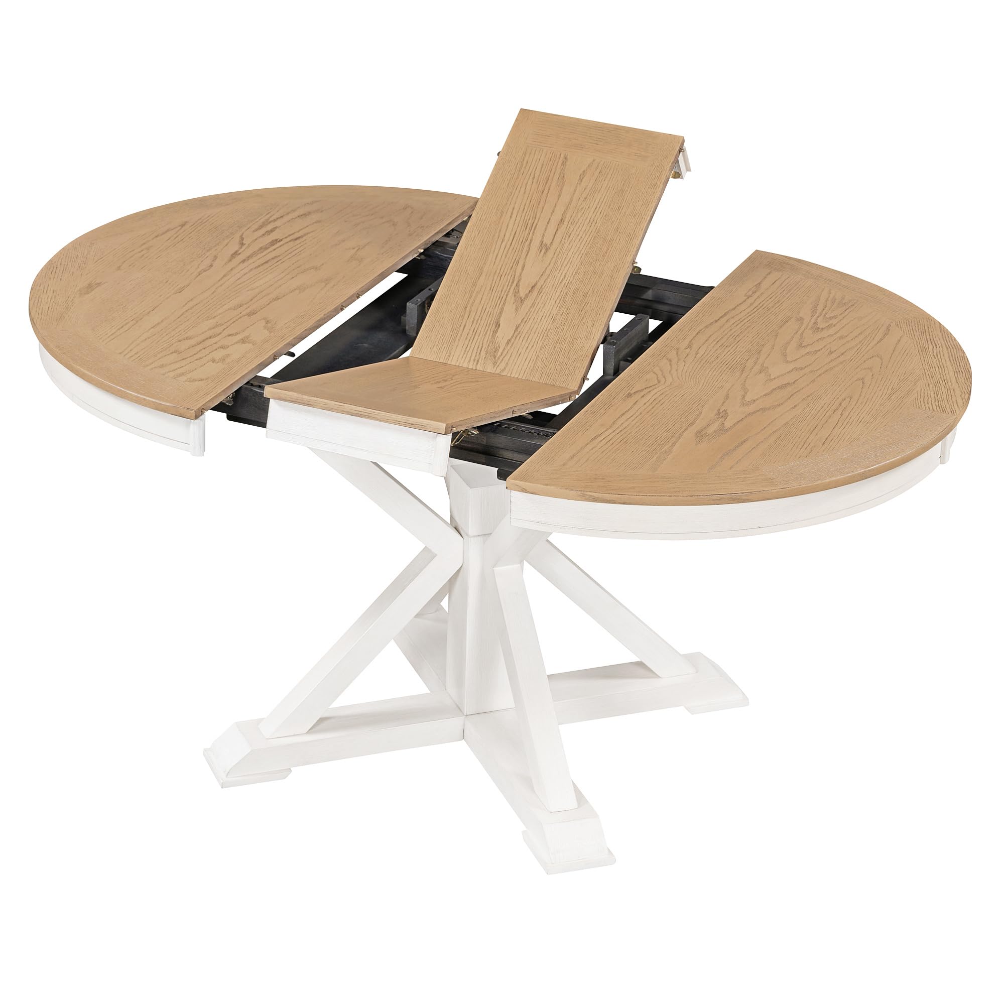POCIYIHOME Piece Functional Furniture Extendable 4 Upholstered Chairs, Retro Style Circle Dining Table Set for Restaurant, Kitchen (Oak Natural Wood + Off White)