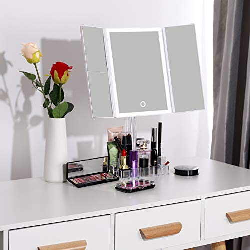 ProYankiot Makeup Mirror Vanity Mirror with Lights,Trifold Lighted Vanity Mirror with 38 LED Lights and Storage 3X/2X/1X Magnification, Touch Screen Switch, 90 Degree Rotation,White