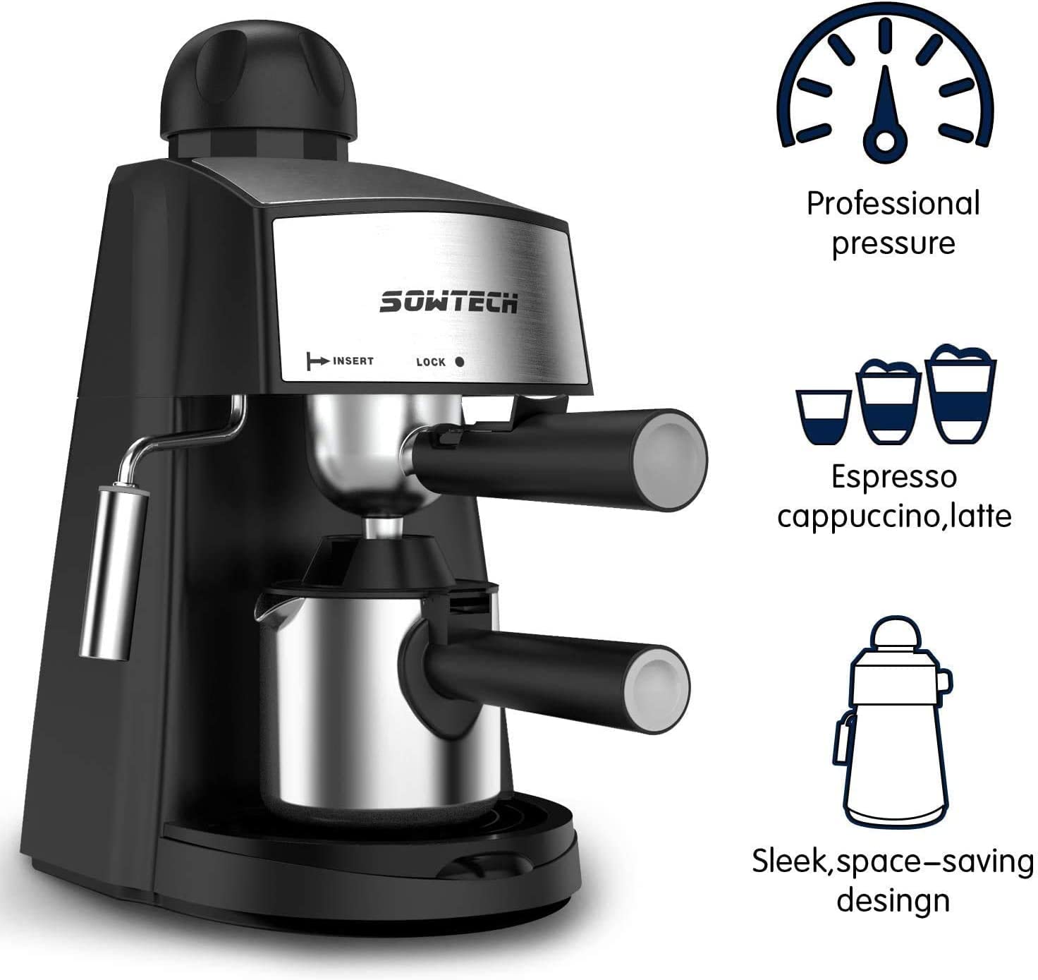 SOWTECH Steam Espresso Machine Espresso Maker Cappuccino Latte Machine with Steam Milk Frother and Mug 3.5 Bar 4 Cup