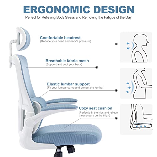 Office Chair Height-Adjustable Ergonomic Desk Chair with Self-Adaptive Lumbar Support Breathable Mesh Computer Chair High Back Swivel Task Chair with Adjustable Headrest and Flip-up Armrests