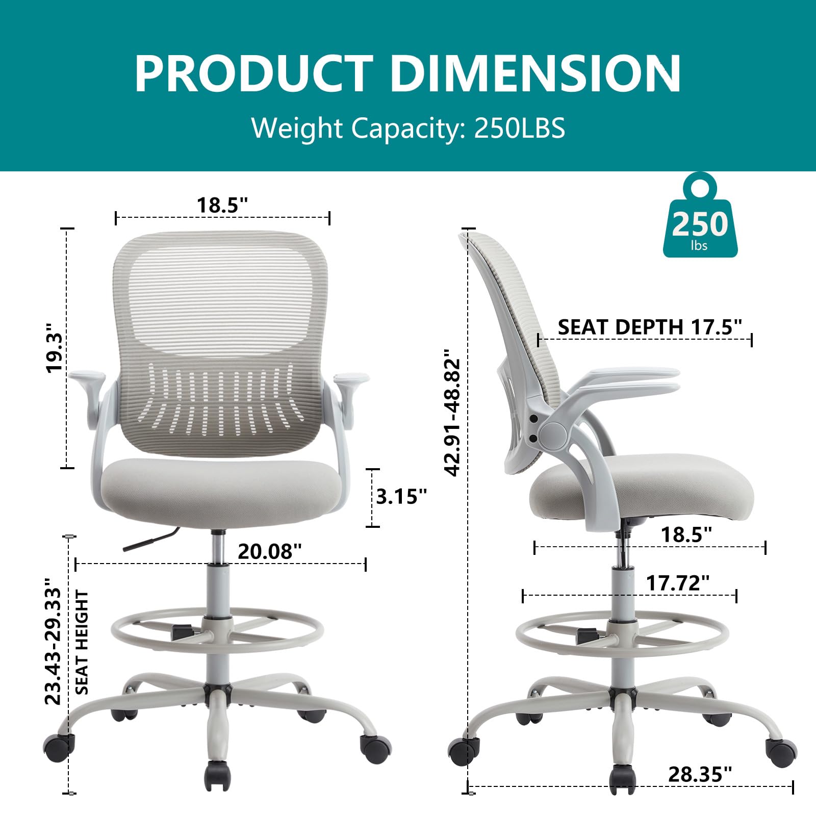 SMUG Drafting Chair, Tall Office Chair Tall Standing Desk Chair Counter Height Adjustable Office Chair with Flip-up Arms, Mid Back Mesh Office Drafting Chairs, Grey