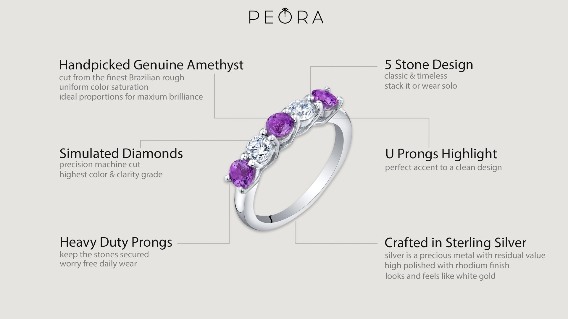 PEORA Amethyst Five-Stone Trellis Ring Band for Women, Natural Gemstone Birthstone, 0.50 Carat total Round Shape, Size 8