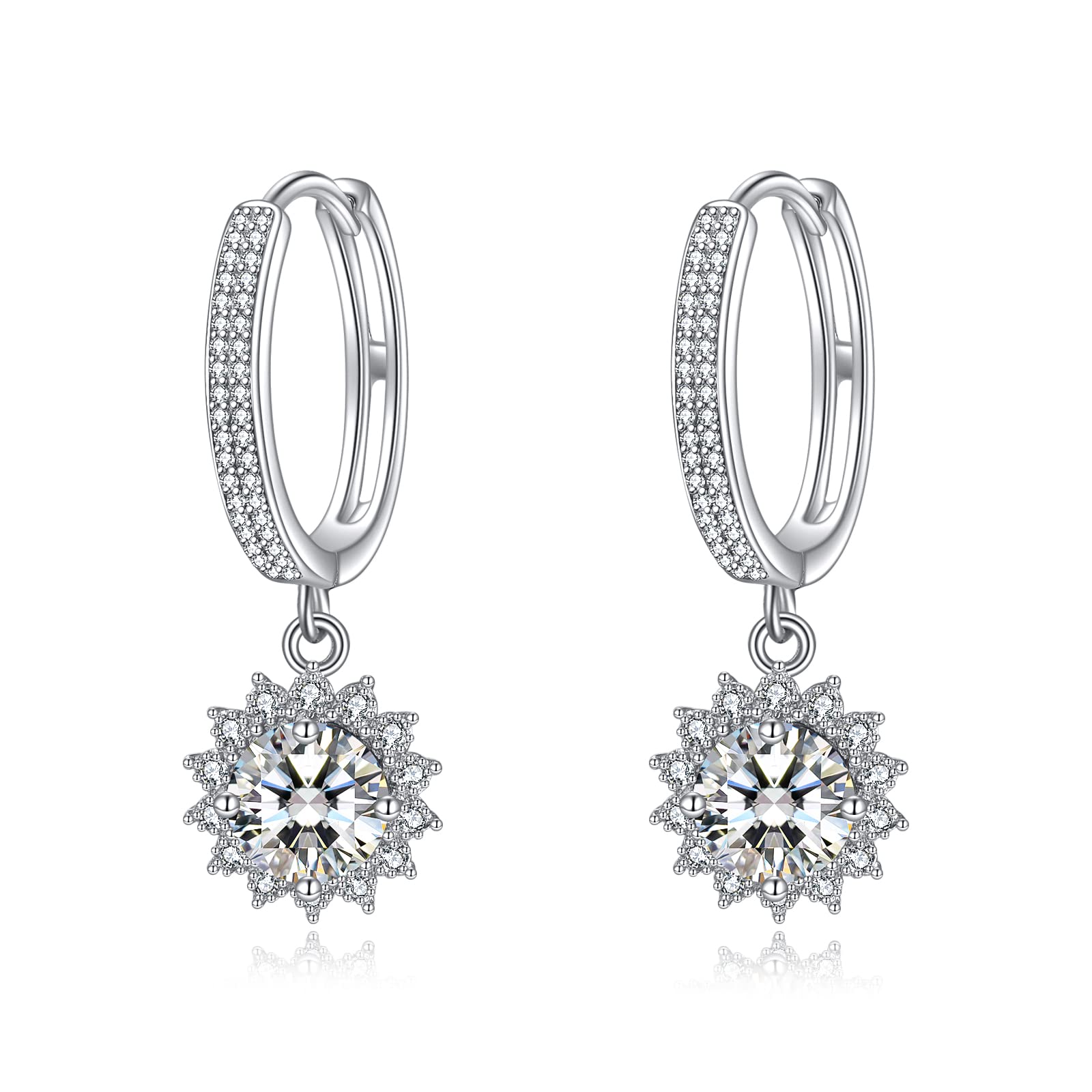 WTYIM 18K White Gold Moissanite Huggie Hoop Earrings for Women 925 Sterling Silver Moissanite Hoop Dangle Earrings Sunflower Simulated Diamond Moissanite Earrings