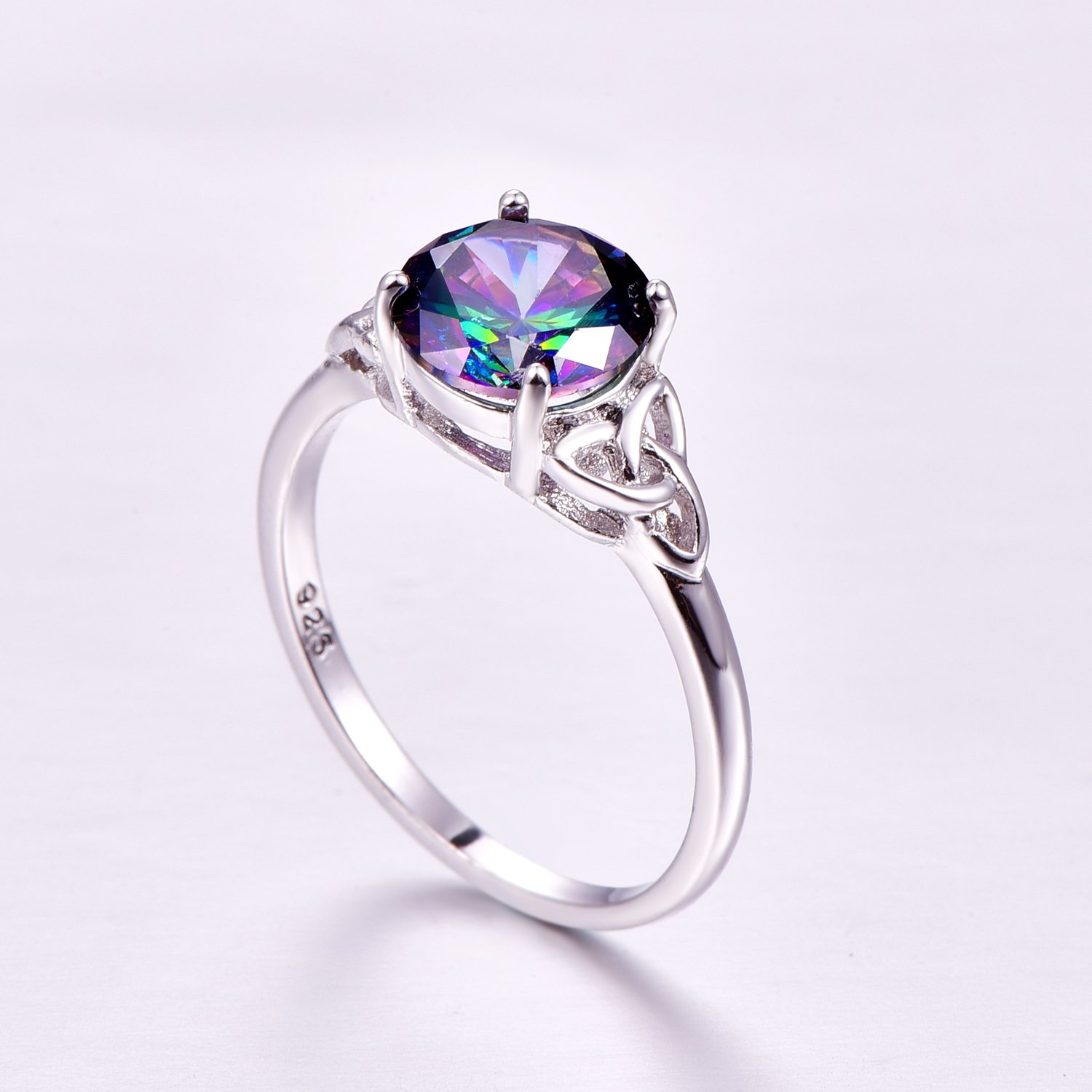 Psiroy 925 Sterling Silver Plated Created Rainbow Topaz Filled Irish Trinity Celtic Knot Ring Size 8