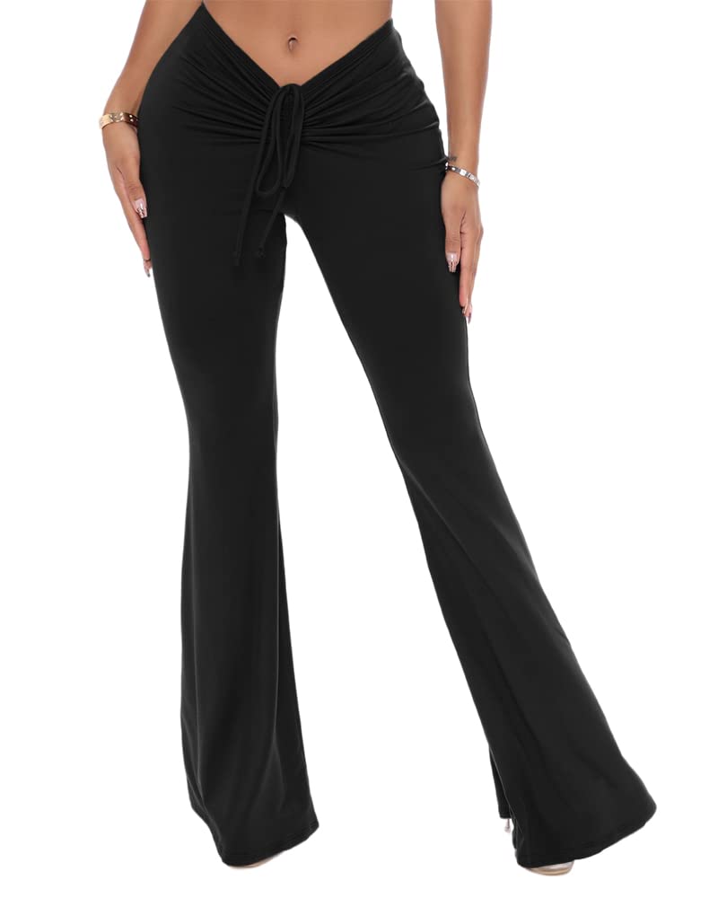 Women's Flare Leggings Drawstring Bootcut Butt Lift Workout Yoga Pants High Waisted Running Sweatpants Black
