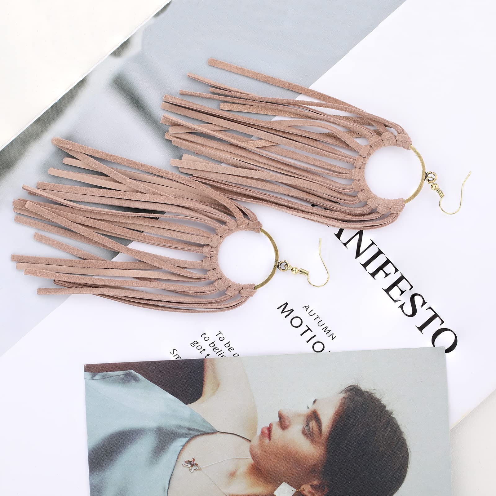 Western Leather Tassel Earrings Bohemian Handmade Fringe Dangle Drop Earrings for Women Girls (Khaki)