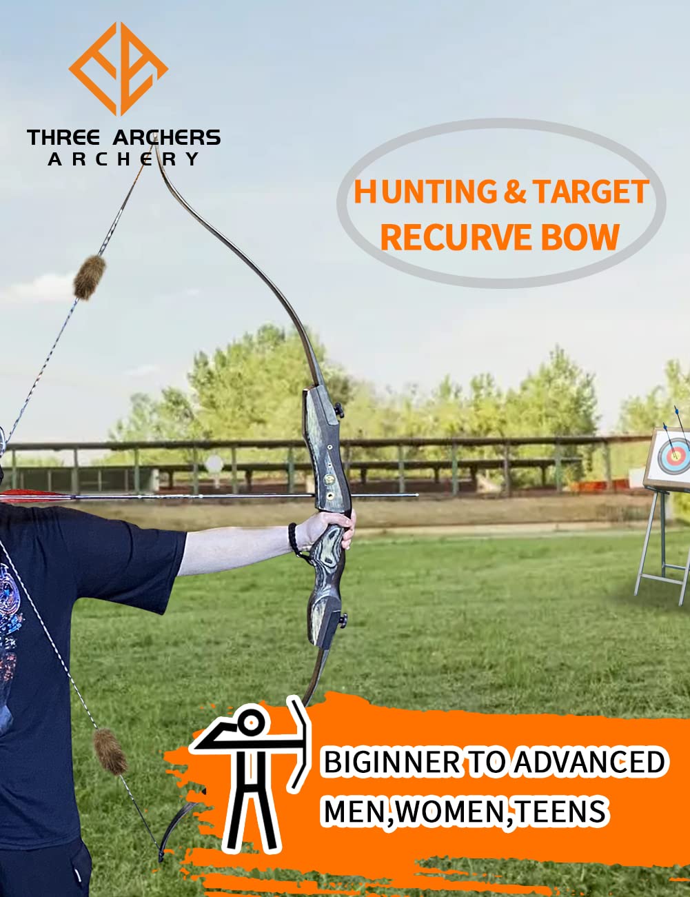 THREE ARCHERS Archery Recurve Bow Set Takedown Wooden Bow 62” Right Hand Hunting & Target Bow for Outdoor Archery Sport 30lbs-50lbs