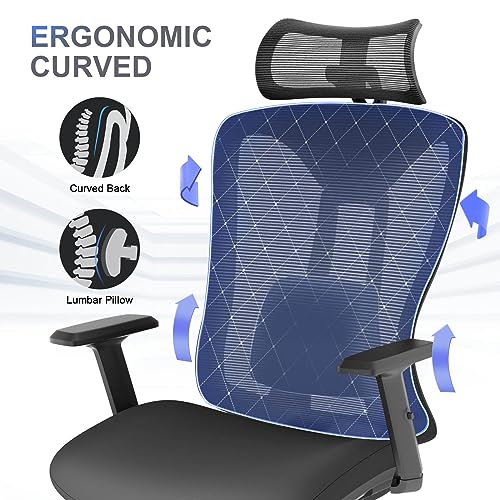 Office Chair, Ergonomic Desk Chair with Seat Slider, 4D Pillow Lumbar Support Height & Depth Adjustment, Tilt Lock, Adjustable Headrest & Armrest, Curved Cushion Computer Chair Home Office Desk Chairs