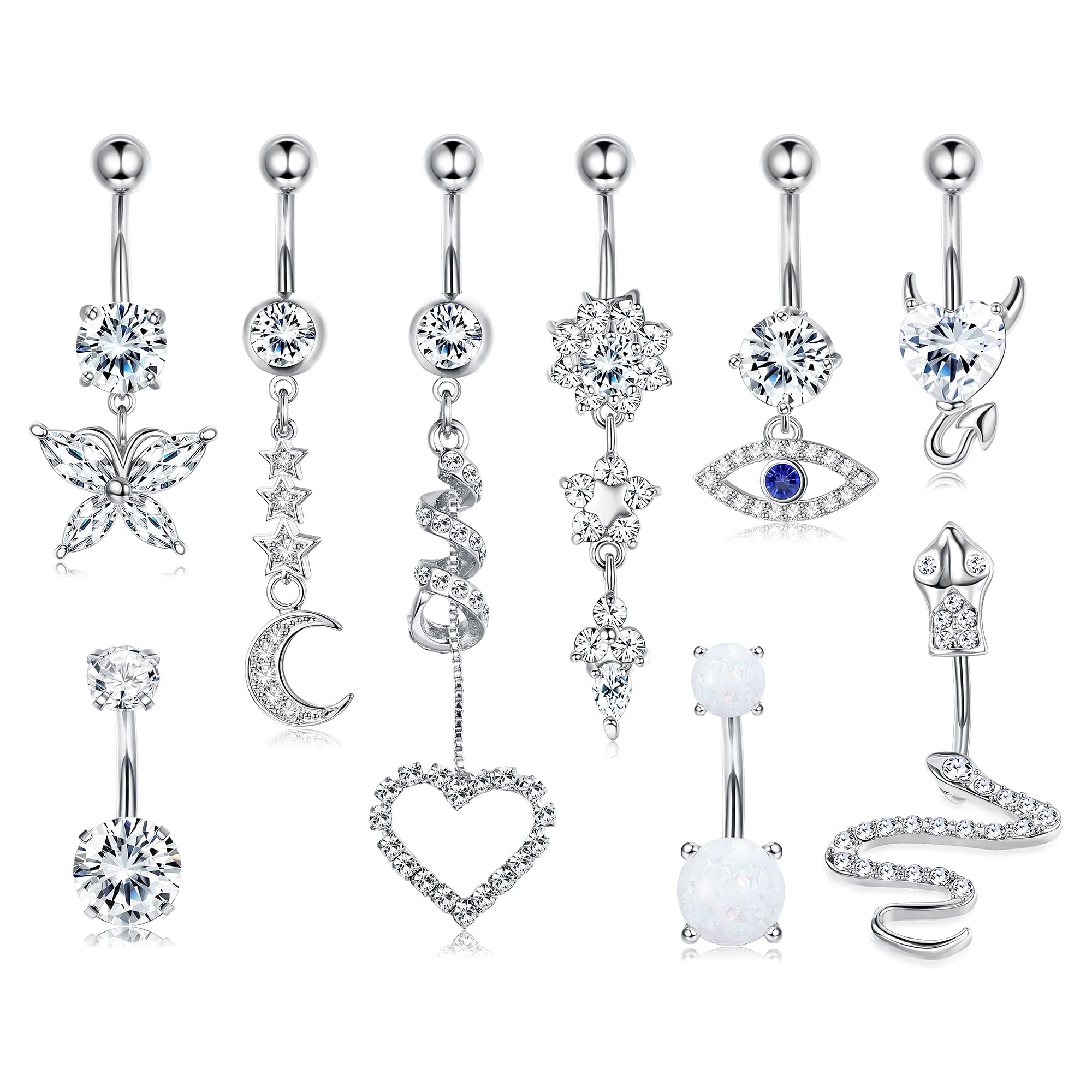 THUNARAZ 14G Belly Button Rings Dangle Surgical Steel Snake Evil Eye Heart Belly Button Ring for Women Clear CZ Navel Ring Sexy Belly Piercing Pack 9 Pcs