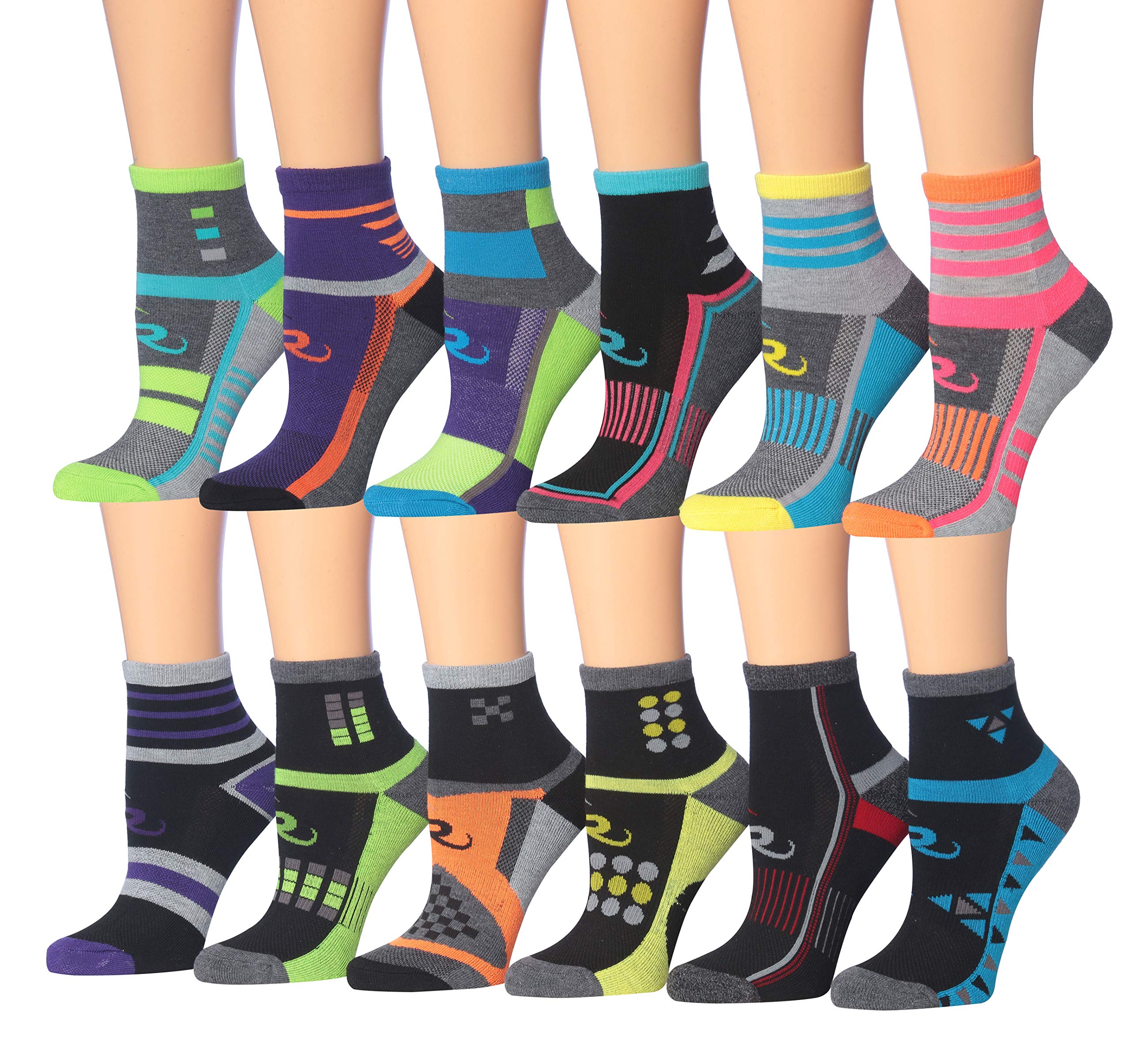 RONNOX Women's 12-Pairs Running & Athletic Sports Performance Ankle/Quarter Socks, RQ13-AB-SM