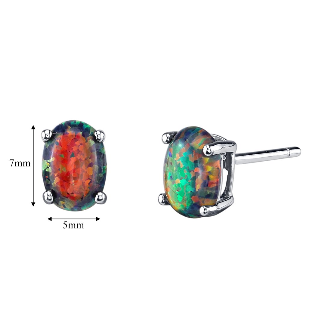 Peora Solid 14K White Gold Created Black Fire Opal Earrings for Women, Classic Solitaire Studs, 7x5mm Oval Shape, 1 Carat total, Friction Back