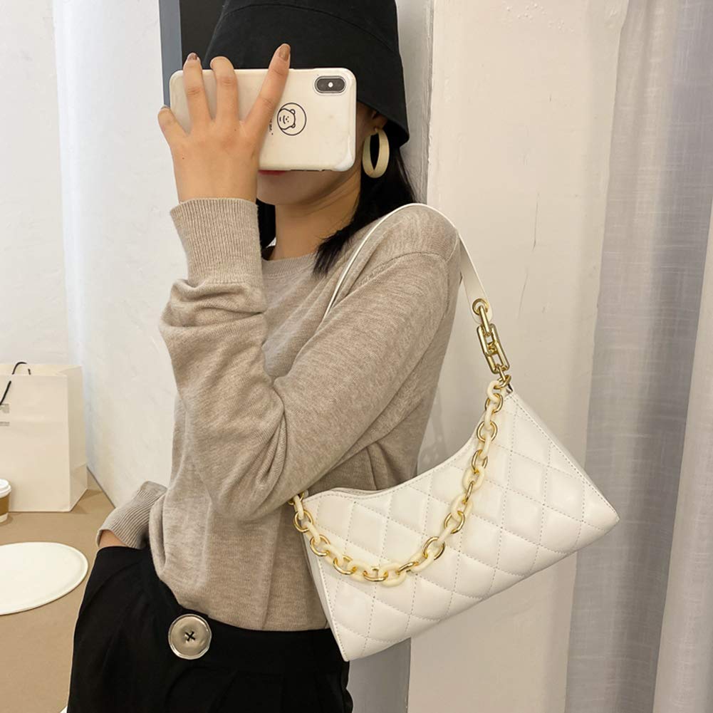 Women Chain Handbags Solid Lattice Pattern Travel Simple Shoulder Underarm Bag, White, 21 x 18 x 5cm