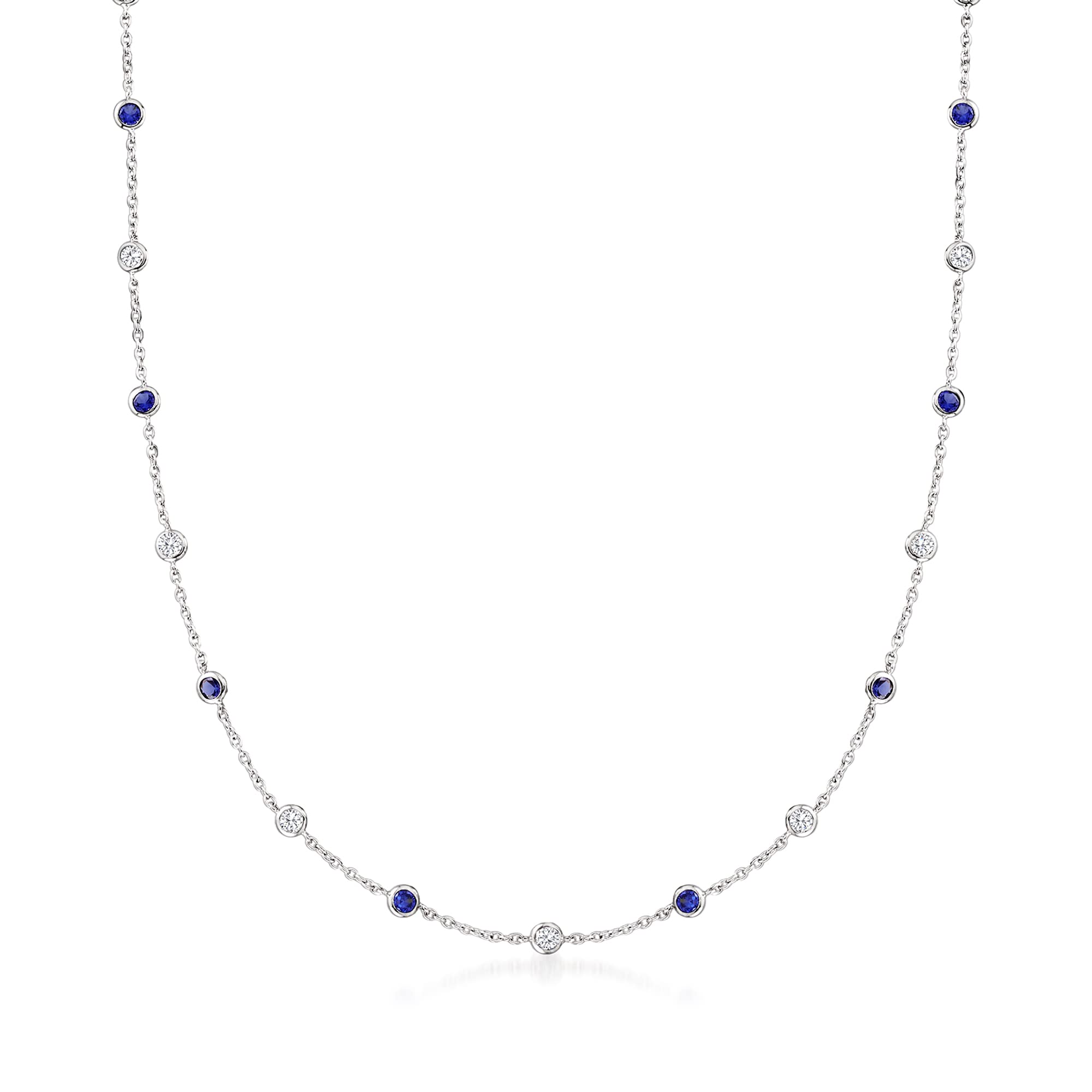 Ross-Simons 2.30 ct. t.w. CZ and 2.00 ct. t.w. Simulated Sapphire Station Necklace in Sterling Silver. 16 inches