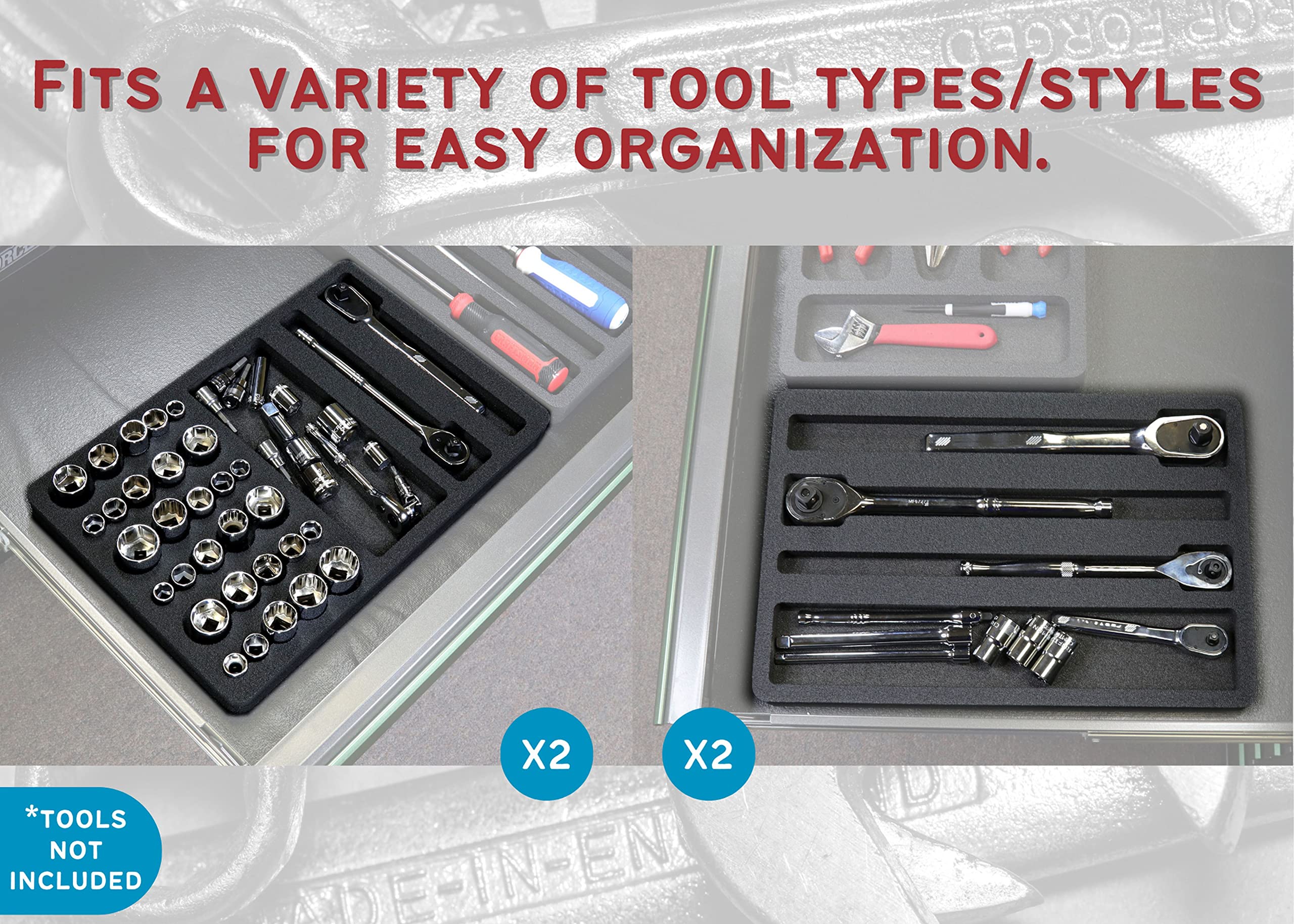 Polar Whale Tool Drawer Organizer 4-Piece Ratchet and Socket Insert Set Black Durable Foam Holds Many Tools 15 x 10 Inch Trays Fits Craftsman Husky Kobalt Milwaukee Many Others