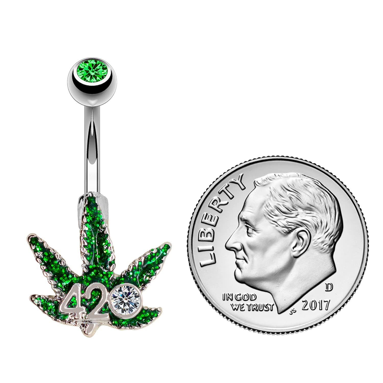 Pierce2GO 14G Belly Button Rings Surgical Steel Weed Marijuana 4/20 Belly Button Ring with CZ Stone - Belly Piercing for Women β 7/16β
