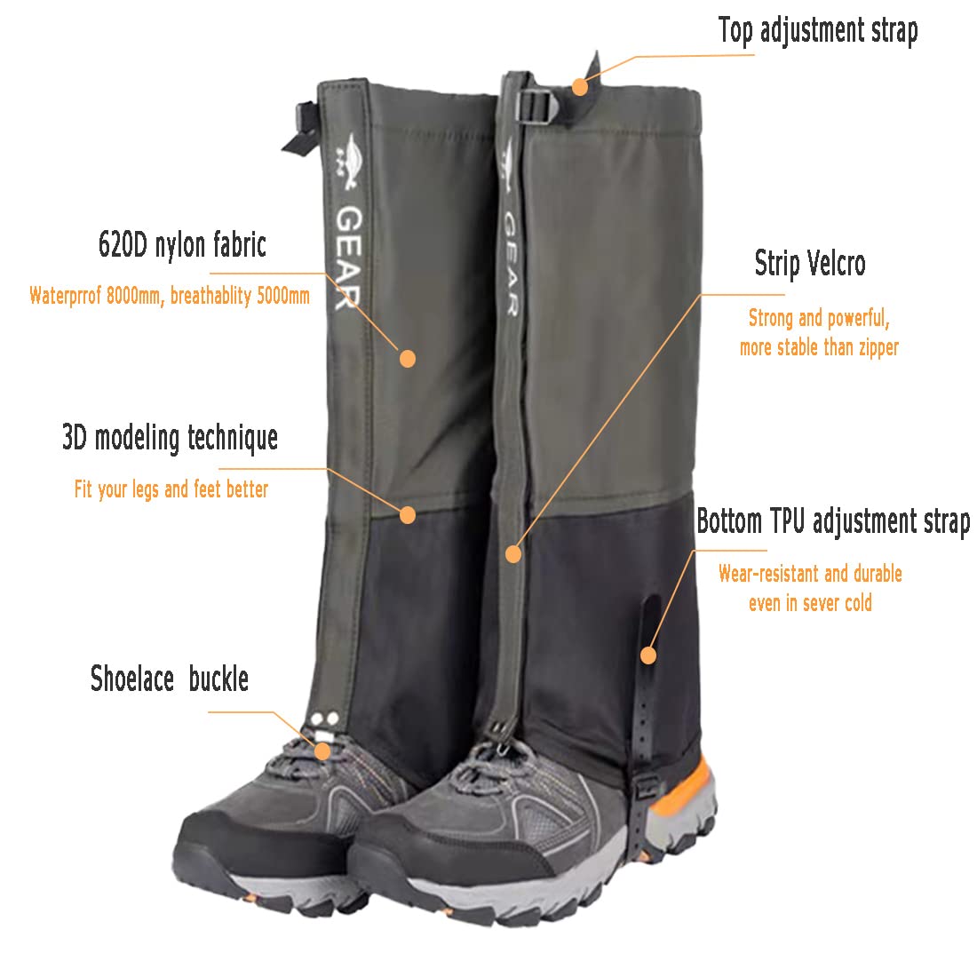 WUSHANG Leg Gaiter Snow Boot Gaiter Waterproof Gaiter for Men Women Shoe Gaiter for Hiking Hunting Skiing Camping Climbing (XL)