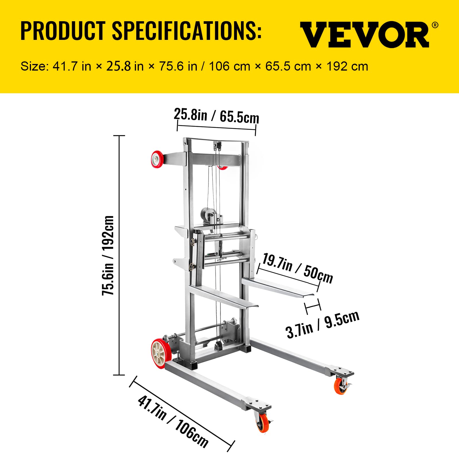 VEVOR Manual Winch Stacker, 41.7"L x 25.8"W Hand Winch Lift Trucks w/ 8.7" β 106.3" Height Range, with 441 lbs Capacity and Adjustable Straddle, Material Lifts for Warehouse and Factory