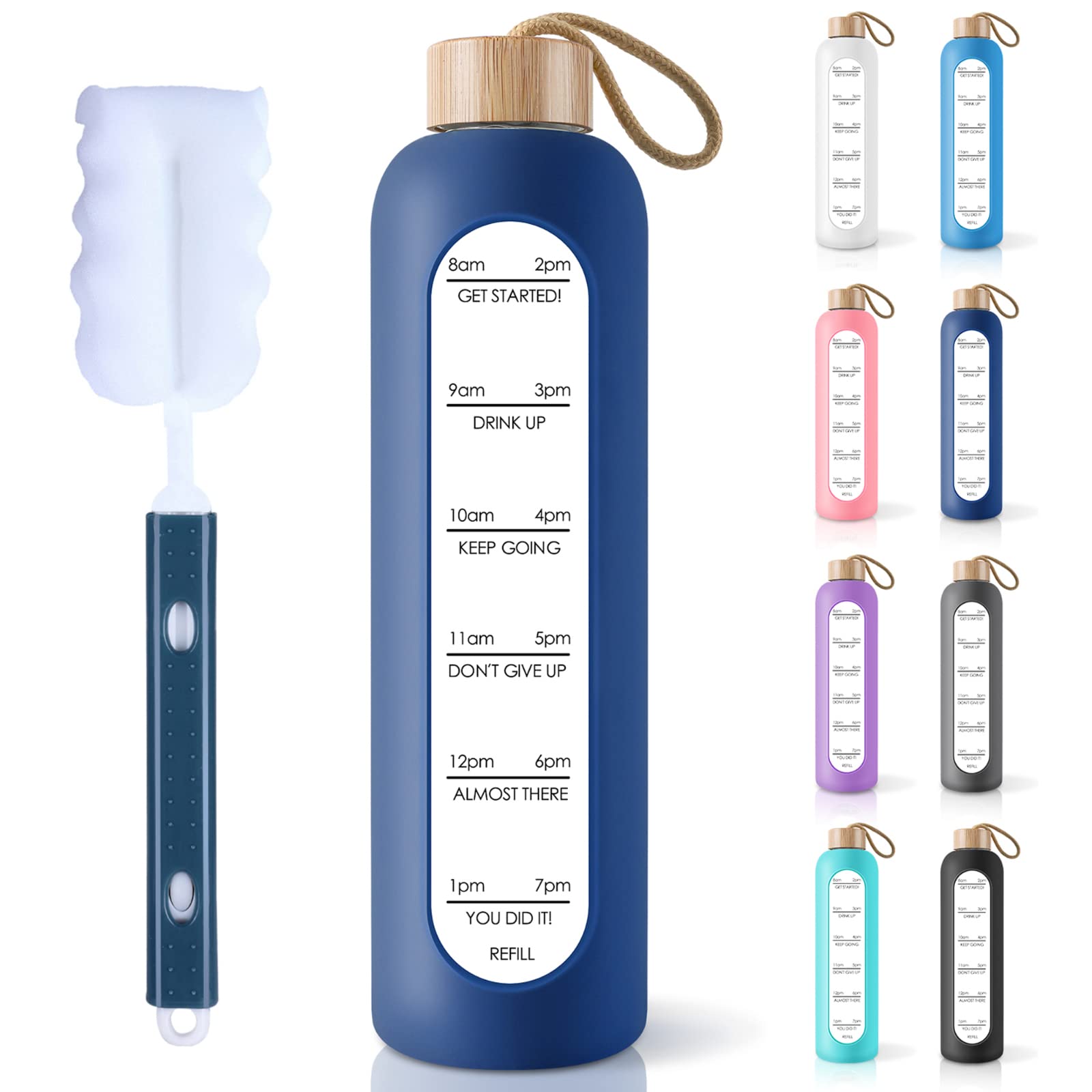 PROBTTL 32 Oz Borosilicate Glass Water Bottle with Time Marker Reminder Quotes, Leak Proof Reusable BPA Free Motivational Water Bottles with Silicone Sleeve and Bamboo Lid