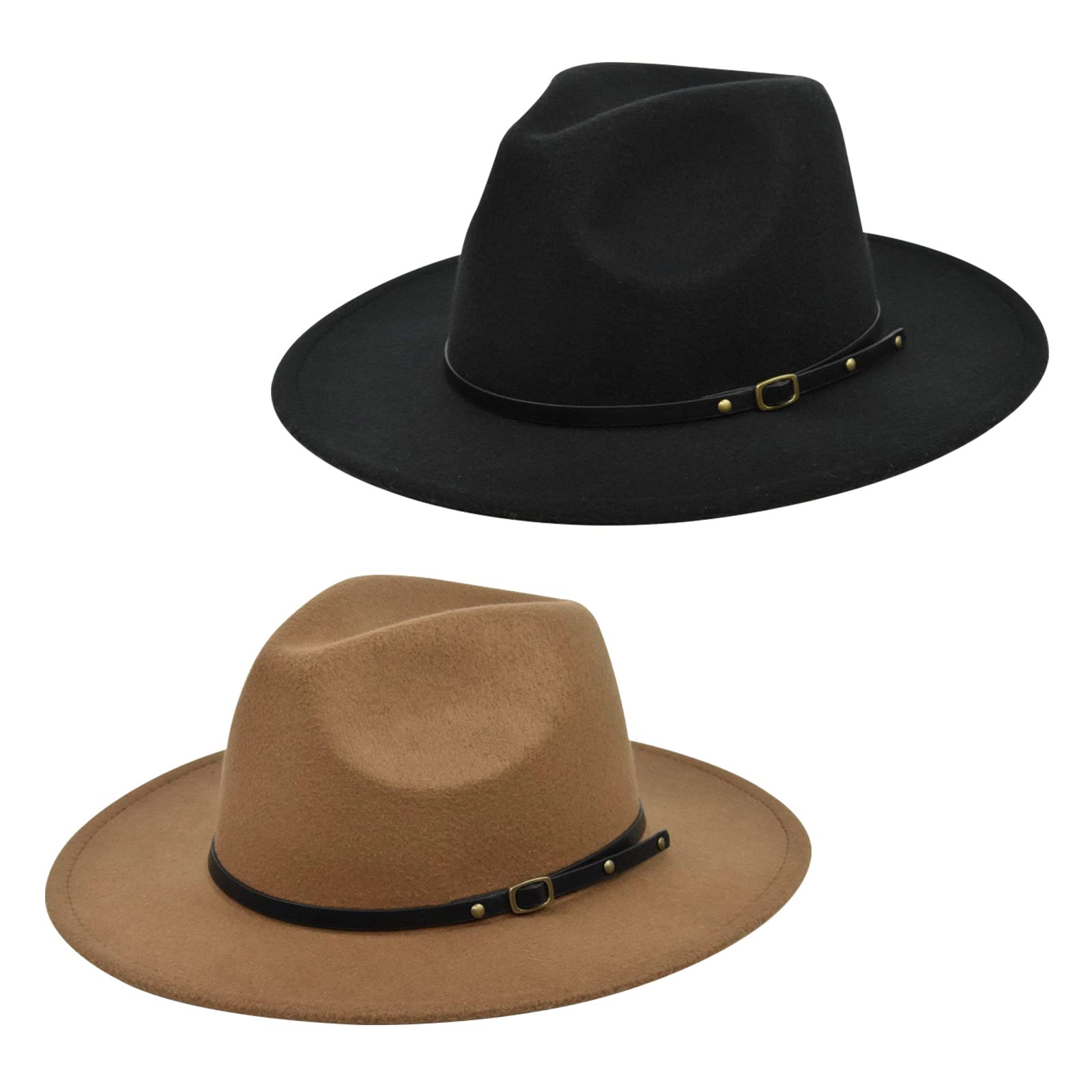 Women Classic Belt Buckle Fedora Hat, 2 Pack Wide Brim Panama Hat Lady Retro Wide Brim Fedora Hat