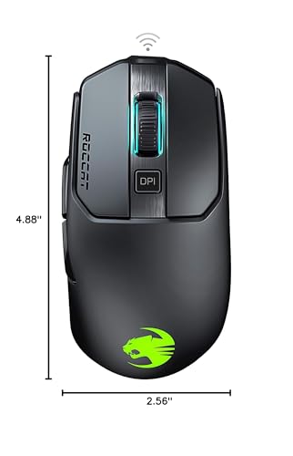 ROCCAT Kain 200 Wireless PC Gaming Mouse, AIMO RGB Backlit Lighting, Owl-Eye Optical Sensor, Ergonomic Mouse Feel, 5 Side Buttons, Adjustable Up to 16,000 DPI, Up to 50 Hour Battery Life, Black