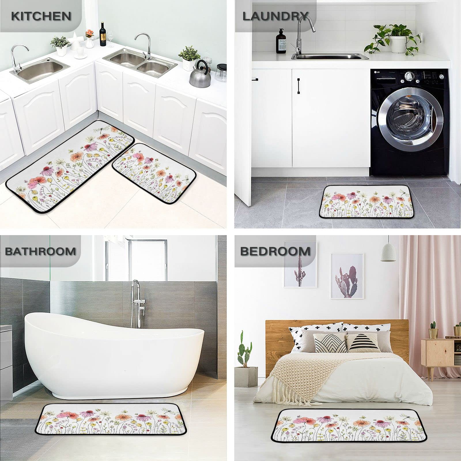 xigua 2 Piece Colorful Wildflowers Anti-Fatigue Kitchen Rug, Waterproof Non-Slip Kitchen Mats and Comfort Elastic Cotton Interlayer Rug for Kitchen, Floor Home, Office, Sink, Laundry