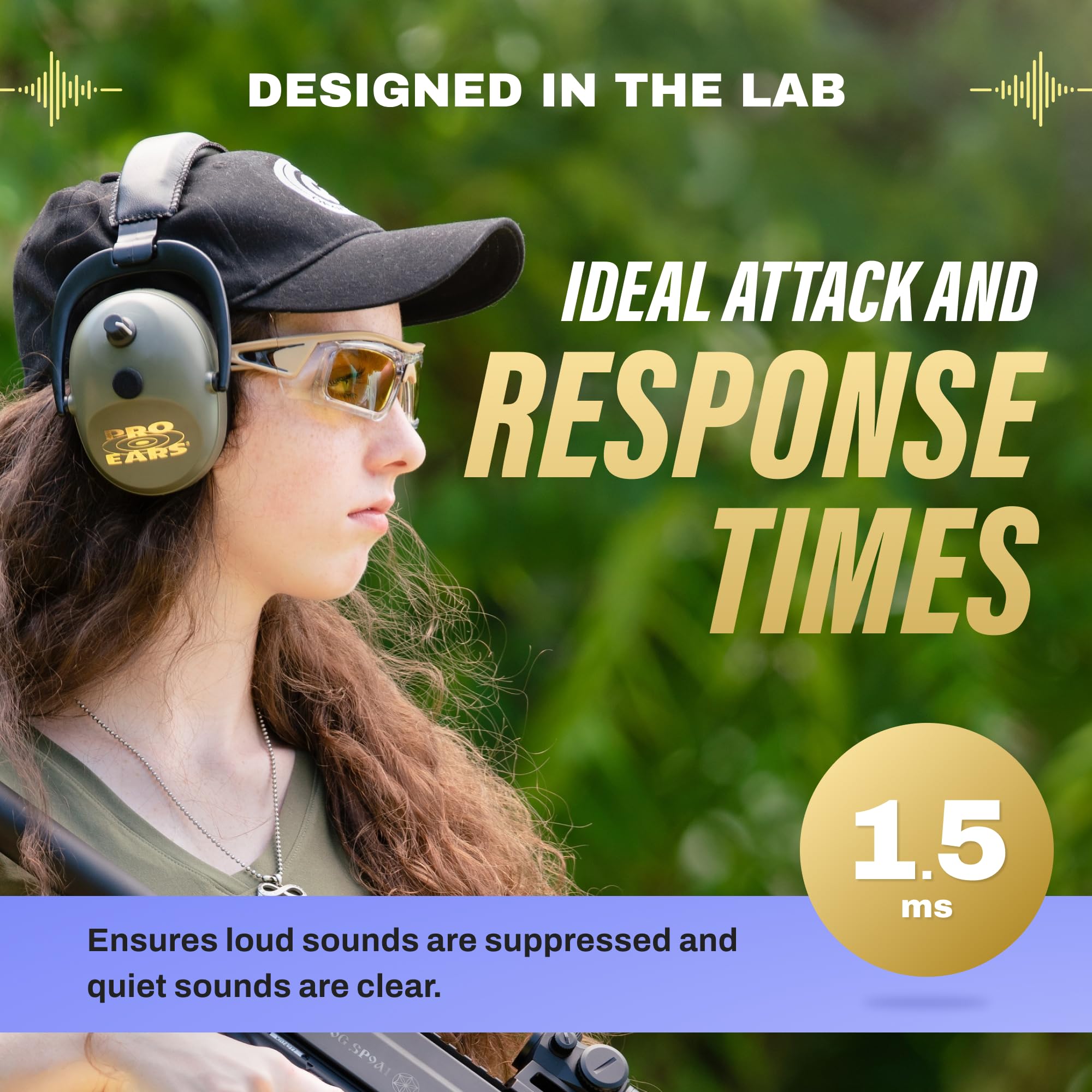 Pro Ears Gold II 26 Ear Muffs, NRR 26, Military Grade Electronic Hearing Protection with DLSC Compression, Gel Ear Seals & Auto Shut Off, Amplifies Sound 8x, Made in USA, Pink