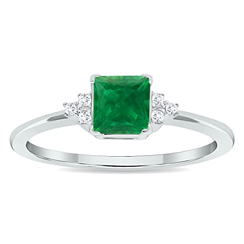 SZUL Women's Princess Cut Emerald and Diamond Half Moon Ring in 10K White Gold