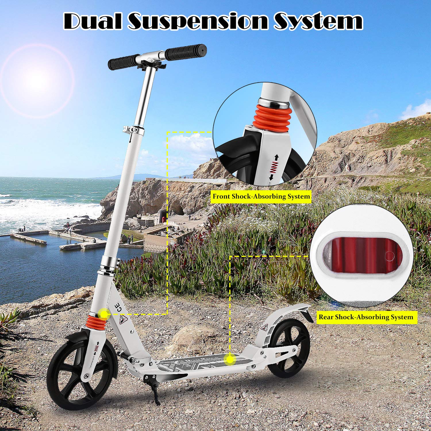 Scooter for Adults/Teens/Kids, 200mm Big Wheels Scooter Easy Folding Lightweight Height Adjustable Rear Fender Brake Scooter Support 220lbs (White)