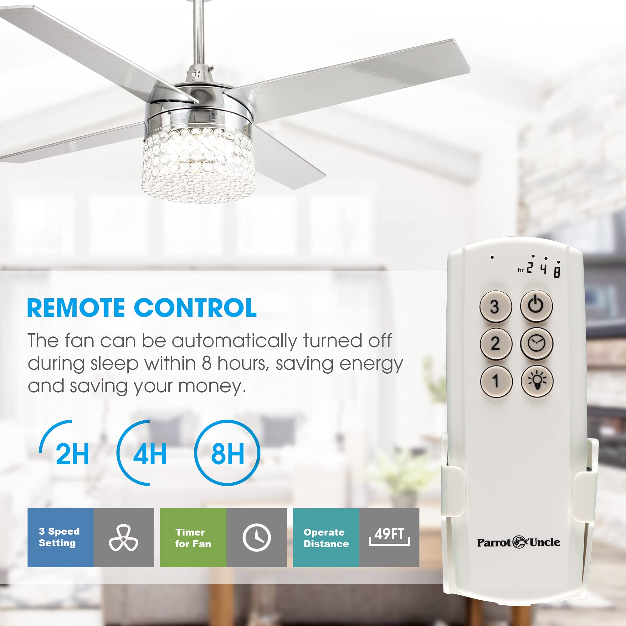 Parrot Uncle Ceiling Fans with Lights and Remote Modern Bedroom Ceiling Fan with Light Crystal Chandelier Ceiling Fans with LED Light, 48 Inch, Chrome