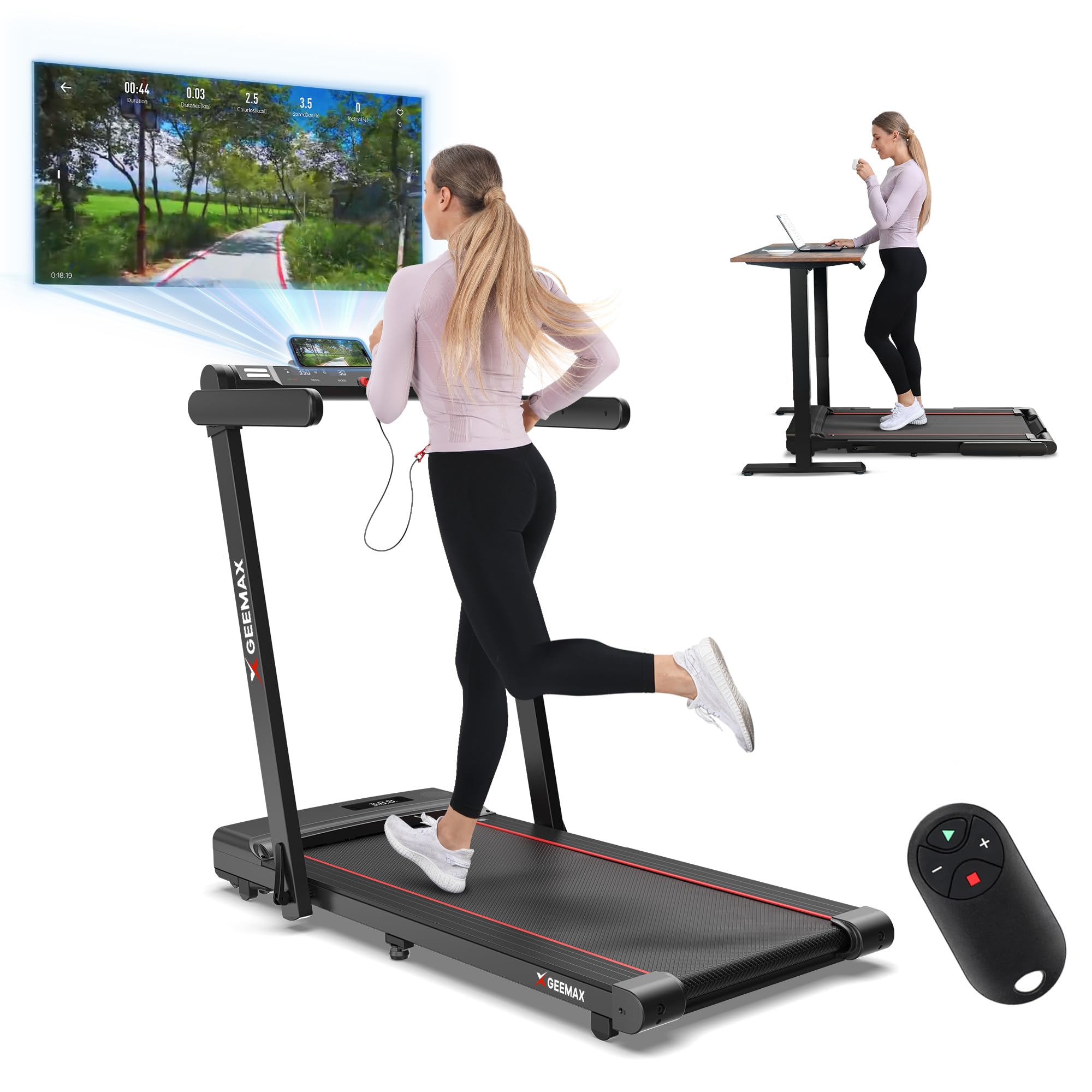 X GEEMAX Geemax 2 in 1 Under Desk Electric Treadmill, 3.0 HP Foldable Walking Running Pad Treadmill for Home Office, 100% Assembled with Bluetooth Speaker, App Control, 12 Preset Programs Black