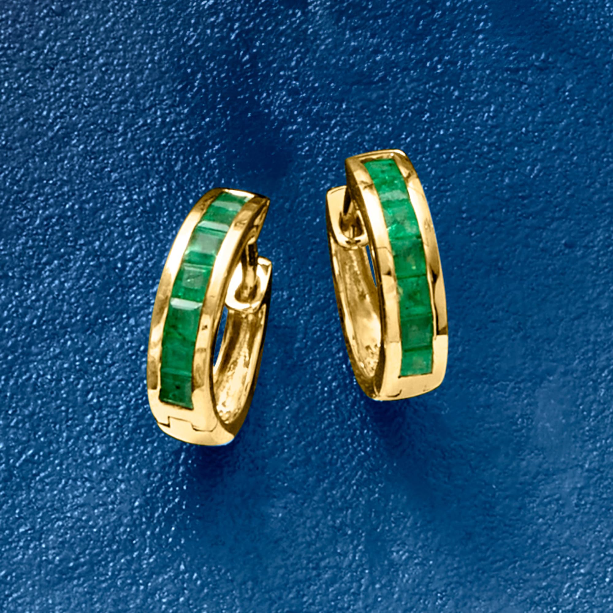 Ross-Simons 0.60 ct. t.w. Square-Cut Emerald Huggie Hoop Earrings in 14kt Yellow Gold