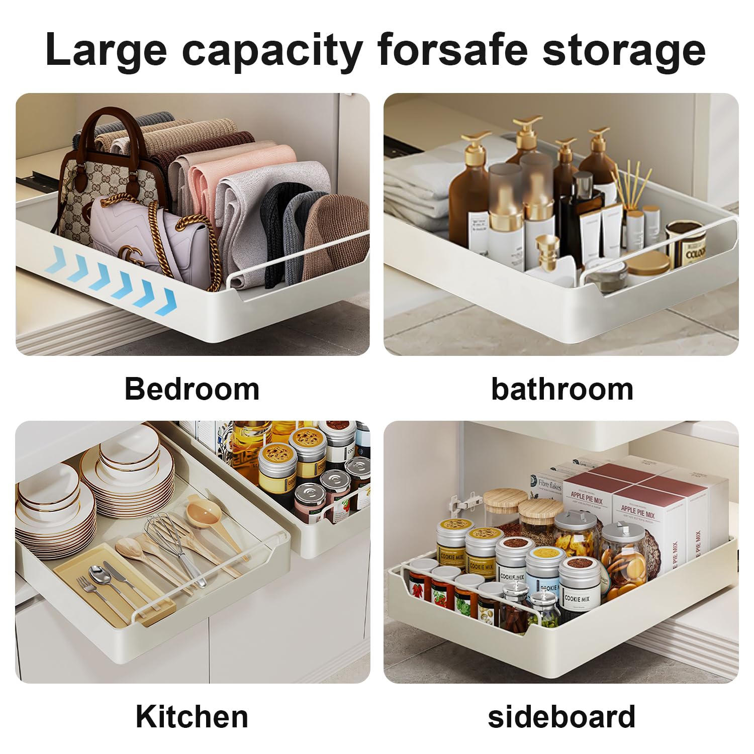 Pull Out Cabinet Organizer Fixed With Adhesive Nano Film, Sliding Pantry Shelves and Heavy Duty Storage Sliding Drawer Pantry Shelf for Kitchen,Living Room,Home, 12.2" W x16.9 D x 2.75" H