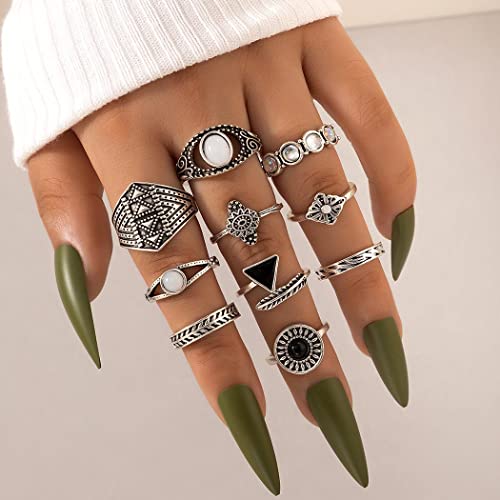 Salliy Boho Rings Set Silver Rings Joint Knuckle Finger Rings Stackable Rings Jewelry for Women and Girls (C)