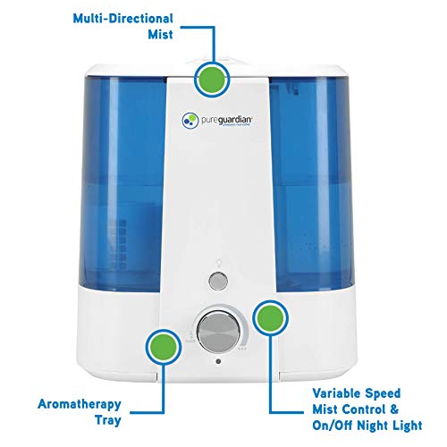 Pure Guardian H1175FL Ultrasonic Cool Mist Humidifier, 90 Hrs. Run Time, 1.5 Gal. Tank Capacity, 390 Sq. Ft. Coverage, Medium Rooms, Quiet, Filter Free, Silver Clean Treated Tank, Essential Oil Tray