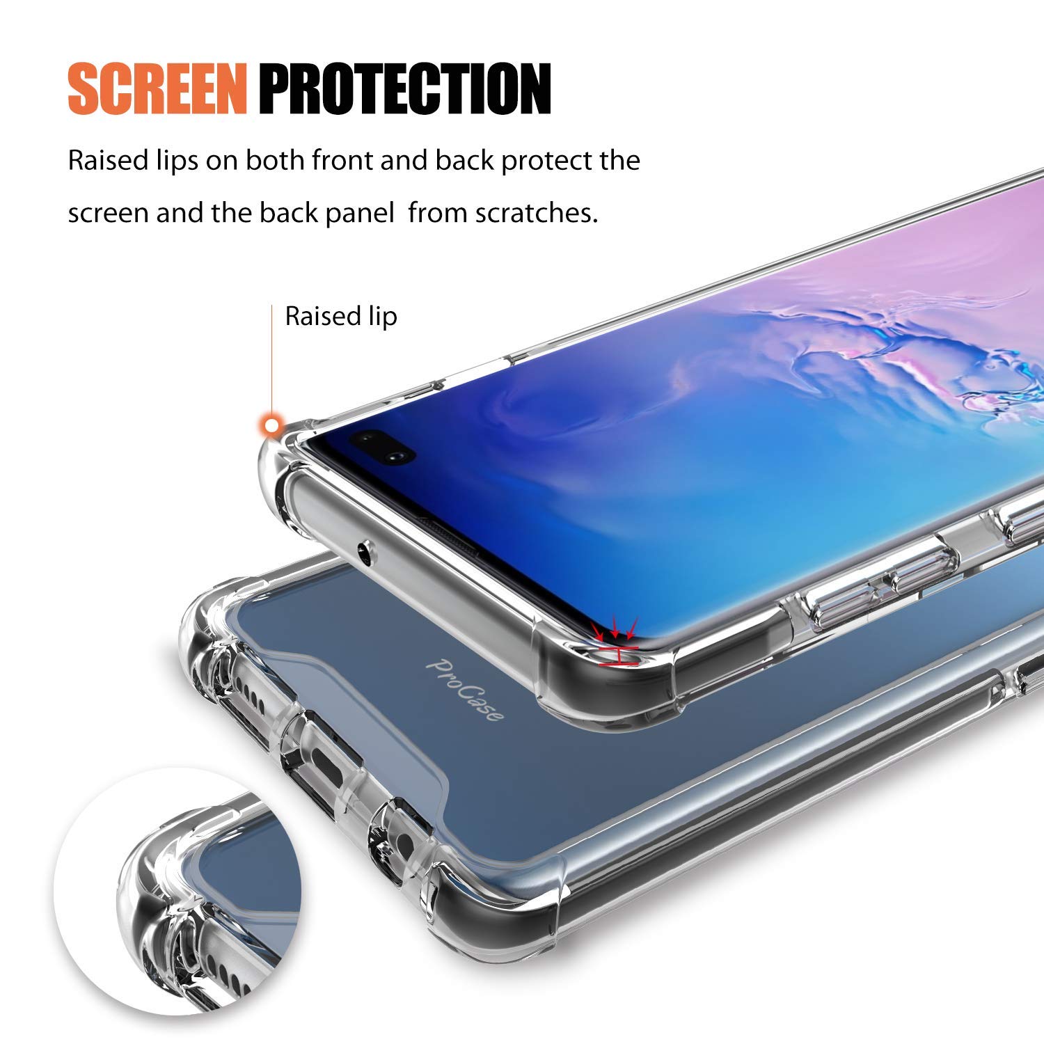 ProCase Galaxy S10 Plus Case Clear, Slim Hybrid TPU Bumper Cushion Cover with Reinforced Corners, Crystal Scratch Resistant Rugged Cover Protective Case for Galaxy S10+ Plus 2019 –Black Frame