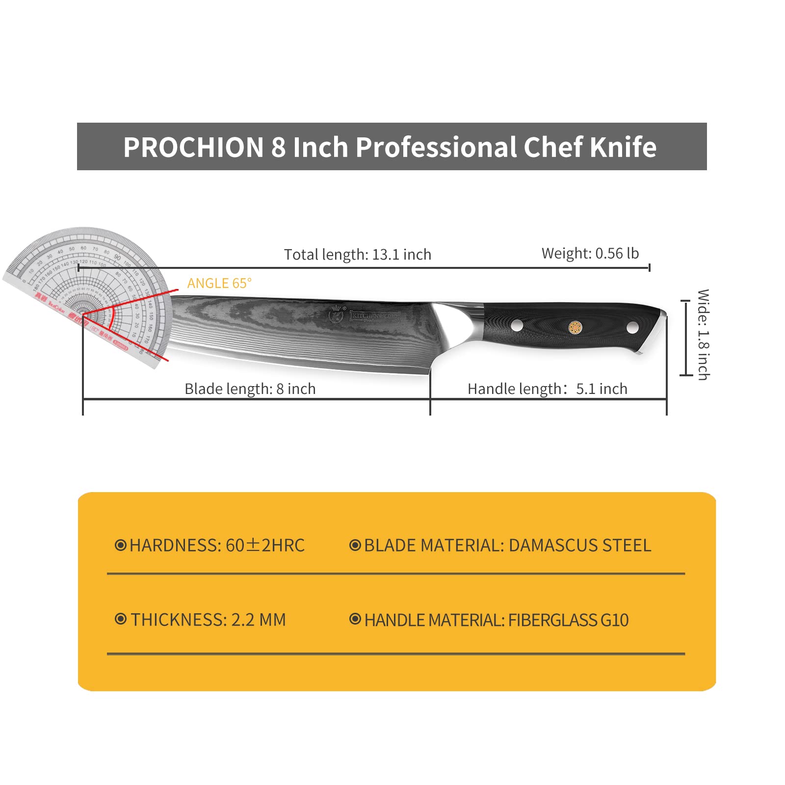 Prochion 8 Inch Damascus Chef Knife for Kitchen, Razor Sharp 67 layers High Carbon Damascus Steel Chef Knife, Premium Kitchen Knives with Black Ergonomic G10 Handle and Triple Rivet, Gift Box