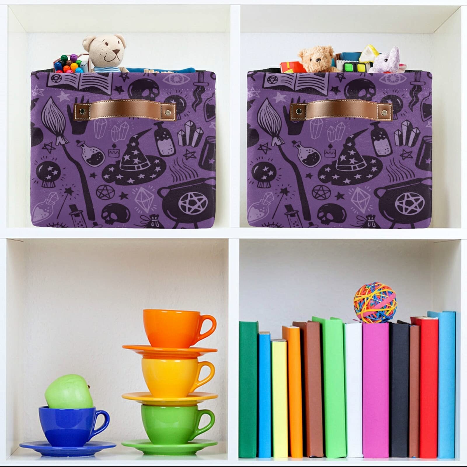 xigua Halloween Witch Foldable Storage Basket for Shelves, Collapsible Waterproof Sturdy Fabric Storage Bin with Handles, Canvas Storage Cube for Organizing Shelf Nursery Home Closet 1PCS