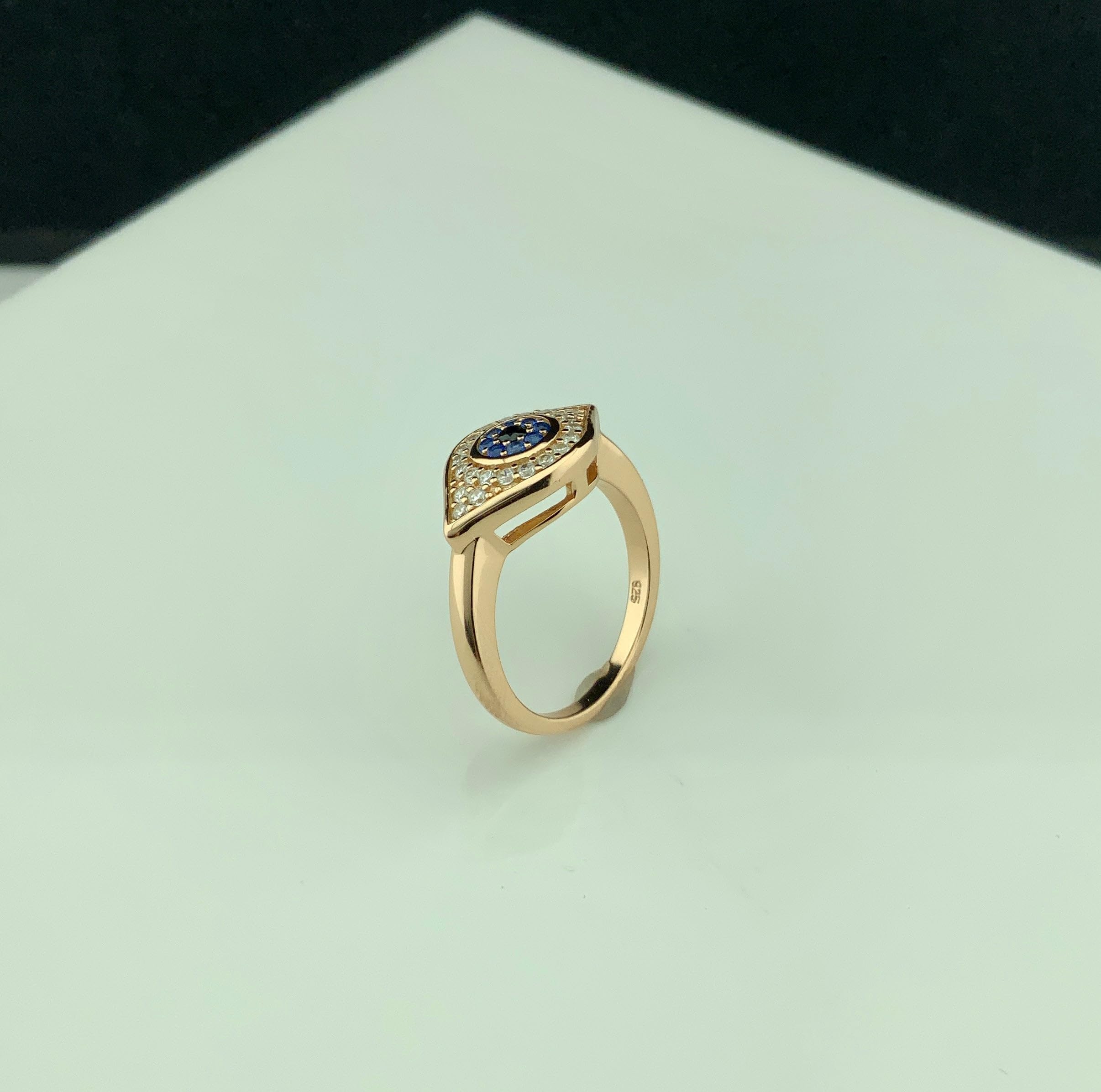 SILVERCLOSEOUT Rose Gold Plated Sterling Silver Blue Cz Evil eye Ring - Size 8