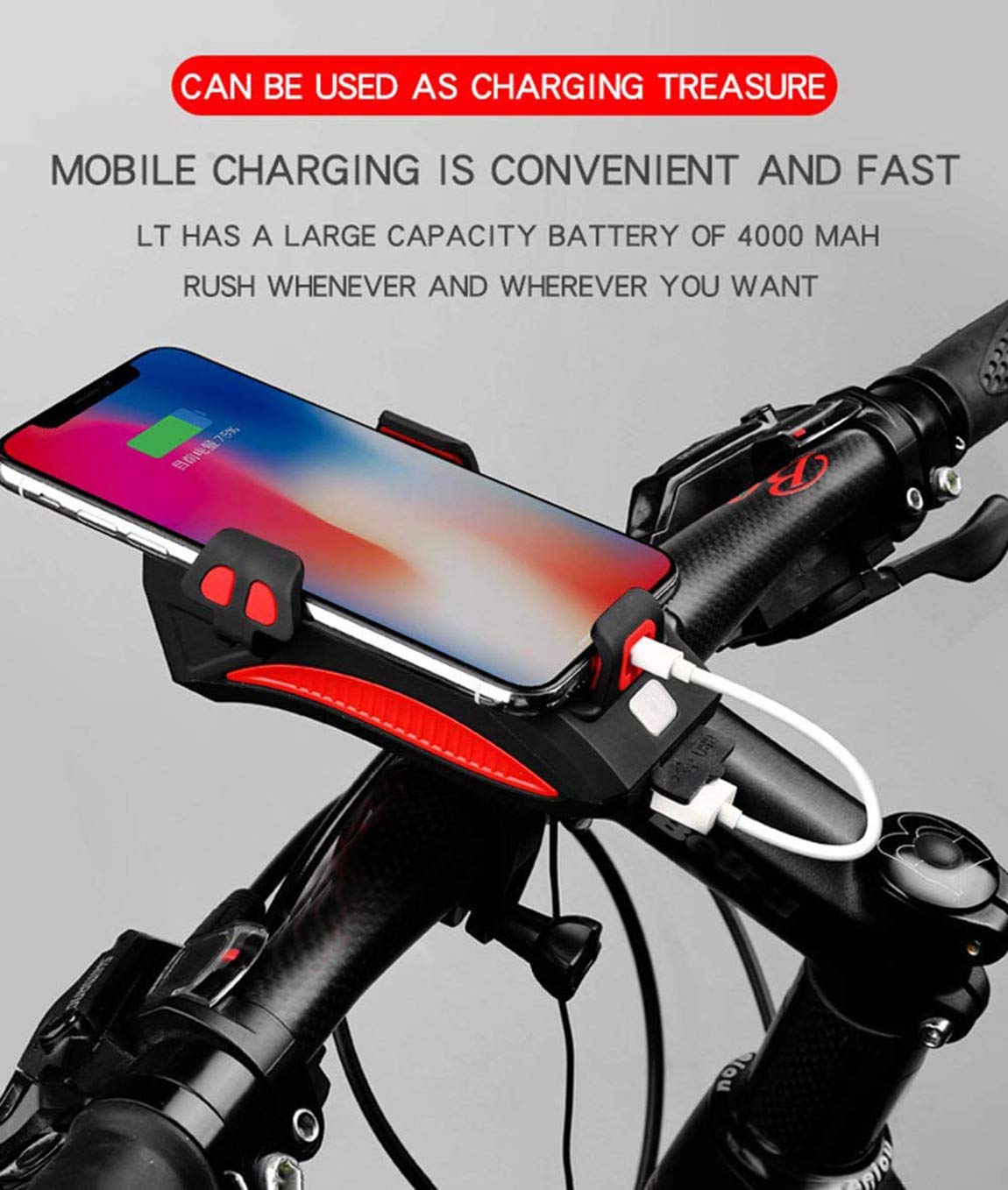ShipXO 4-in-1 Bike Headlight,Bicycle Horn,Phone Holder,USB Rechargeable Power Bank,Waterproof Adjustable Shock-Absorbing with LED Light & Horn S10,Black