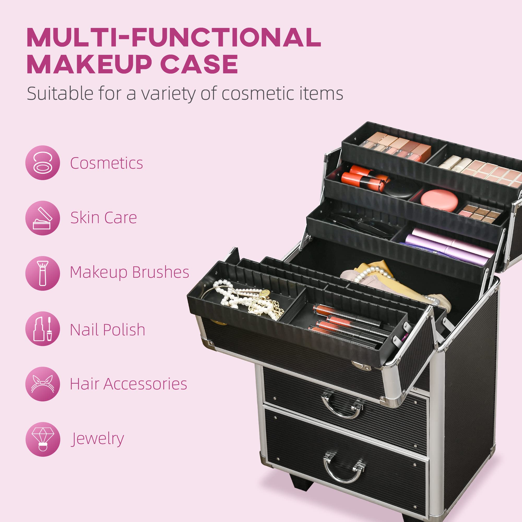 Professional Rolling Full Makeup Travel Train Case, Large Storage Cosmetic Trolley with Folding Trays, Drawer and Locks, Silver