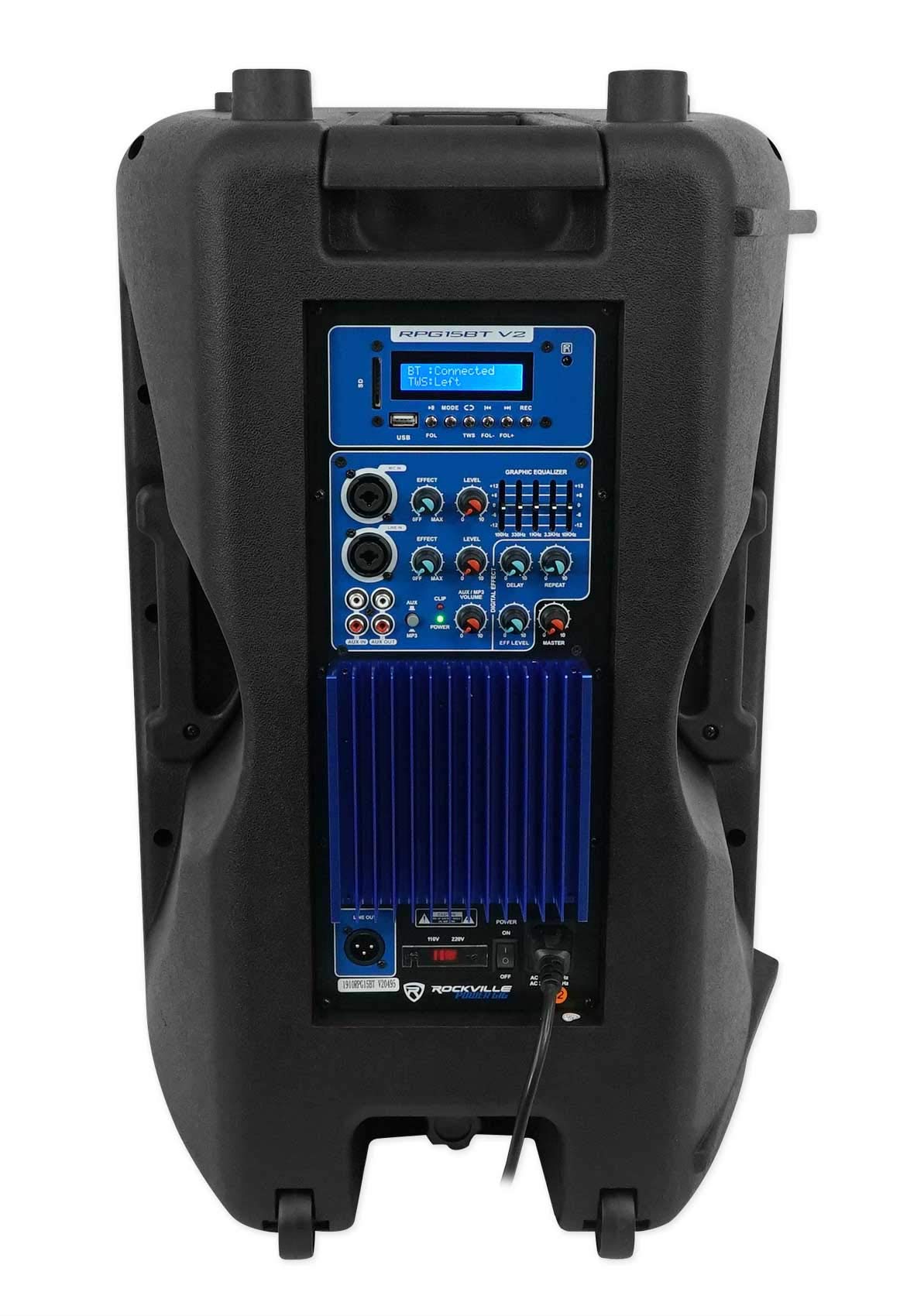 Rockville RPG15BT V2 15" Powered 1000W Speaker Bundle with & RCXMB20B 20' XLR to 1/4'' TRS Cable & (2) Speaker Stands & Rockville RWM1202VH Handheld Microphone & Mackie Mix12FX Compact Mixer (5 Item)