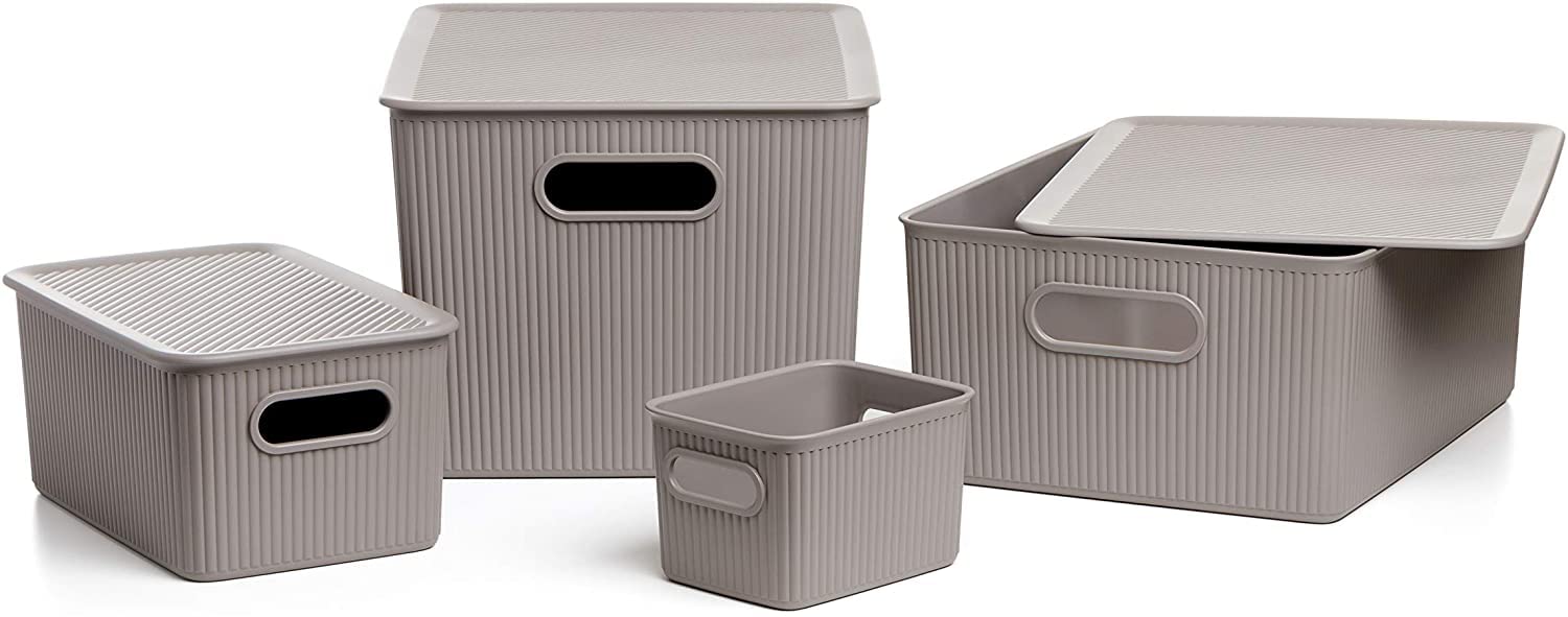 Superio Ribbed Collection - Decorative Plastic Open Home Storage Bins Organizer Baskets, Small Taupe (6 Pack) Container Boxes for Organizing Closet Shelves Drawer Shelf 1.5 Liter