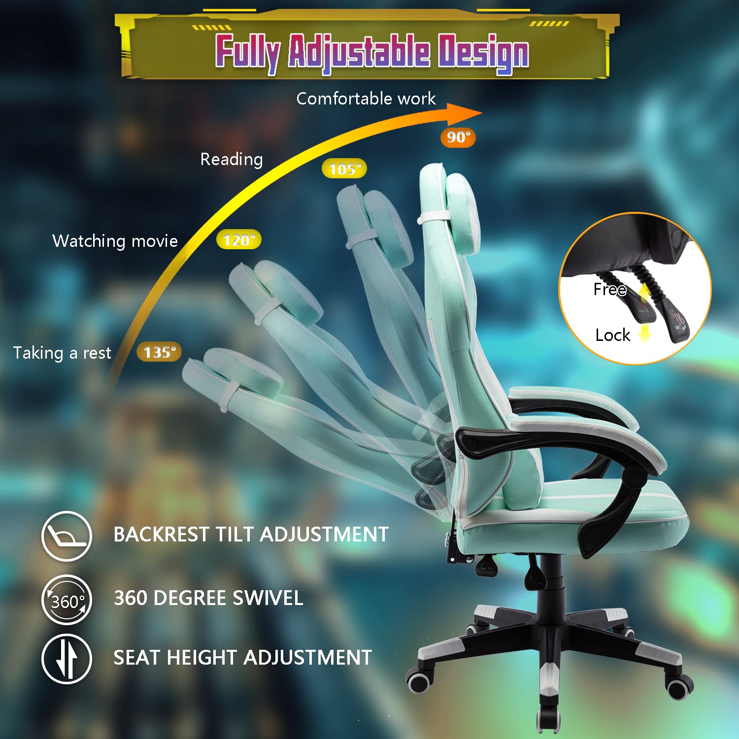 OHAHO High-Back Gaming Chair PC Office Chair Computer Racing Chair PU Desk Task Chair Ergonomic Executive Swivel Rolling Chair with Lumbar Support (Black)