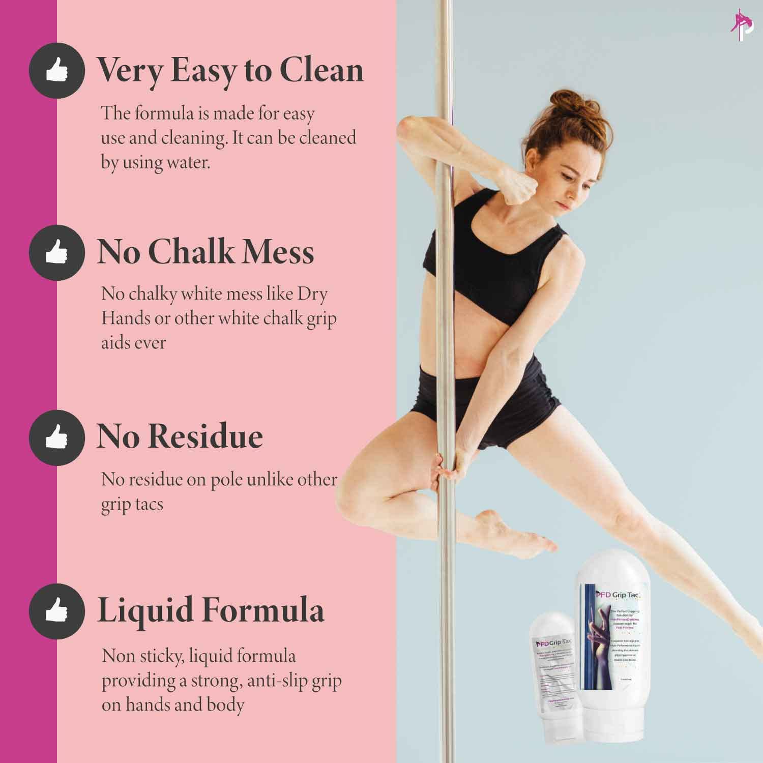 PFD Grip Tac - Pole Grip Aid Tac – Ultimate gripping Liquid Solution for Pole Dancing - Stronger Than Dry Hands, Repels Perspiration from Sweaty Hands, Enhancer to give Your Grip a Boost (2, Ounces)