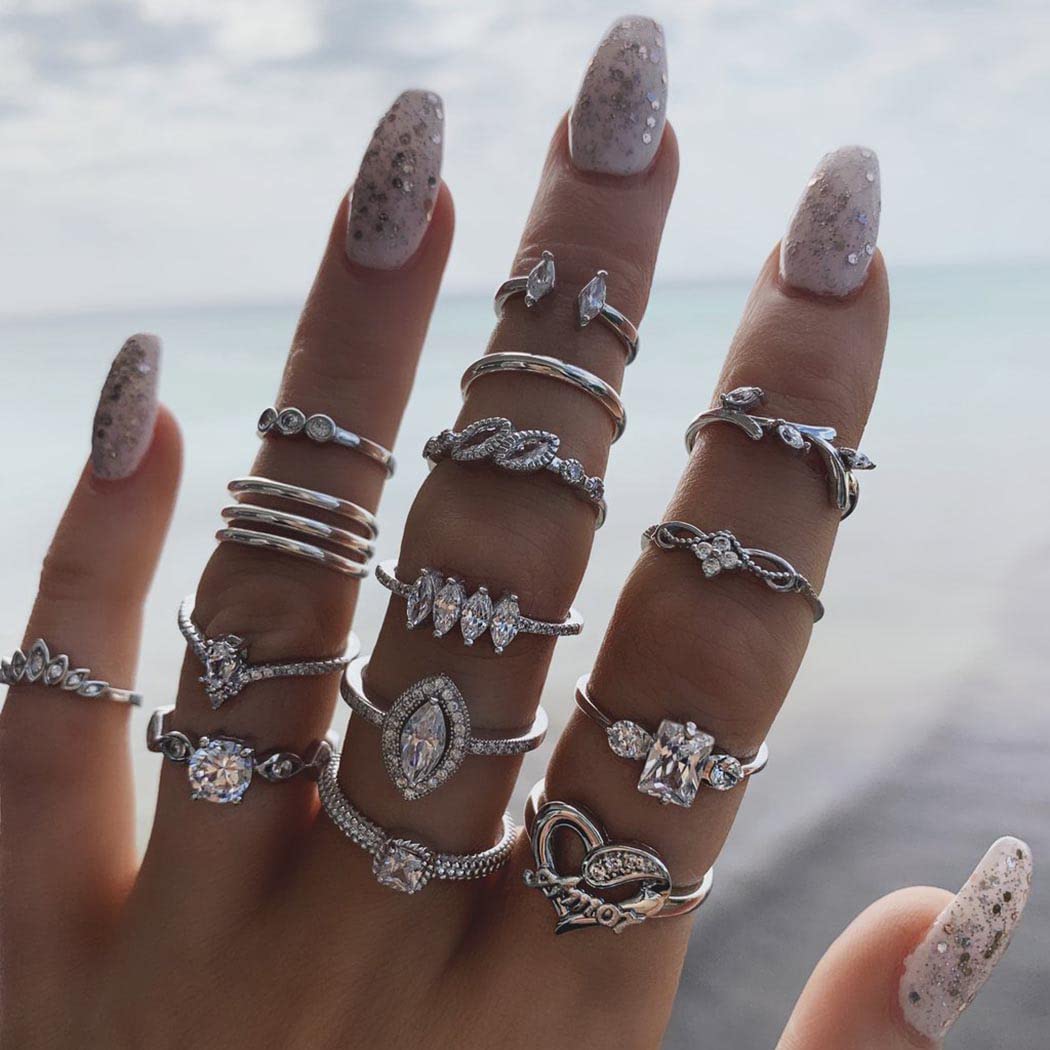 Simsly Vintage Knuckle Ring Stackable Silver Joint Nail Ring Crystal Knuckle Rings Set for Women and Girls(15PCS (Boho) (Set-1)