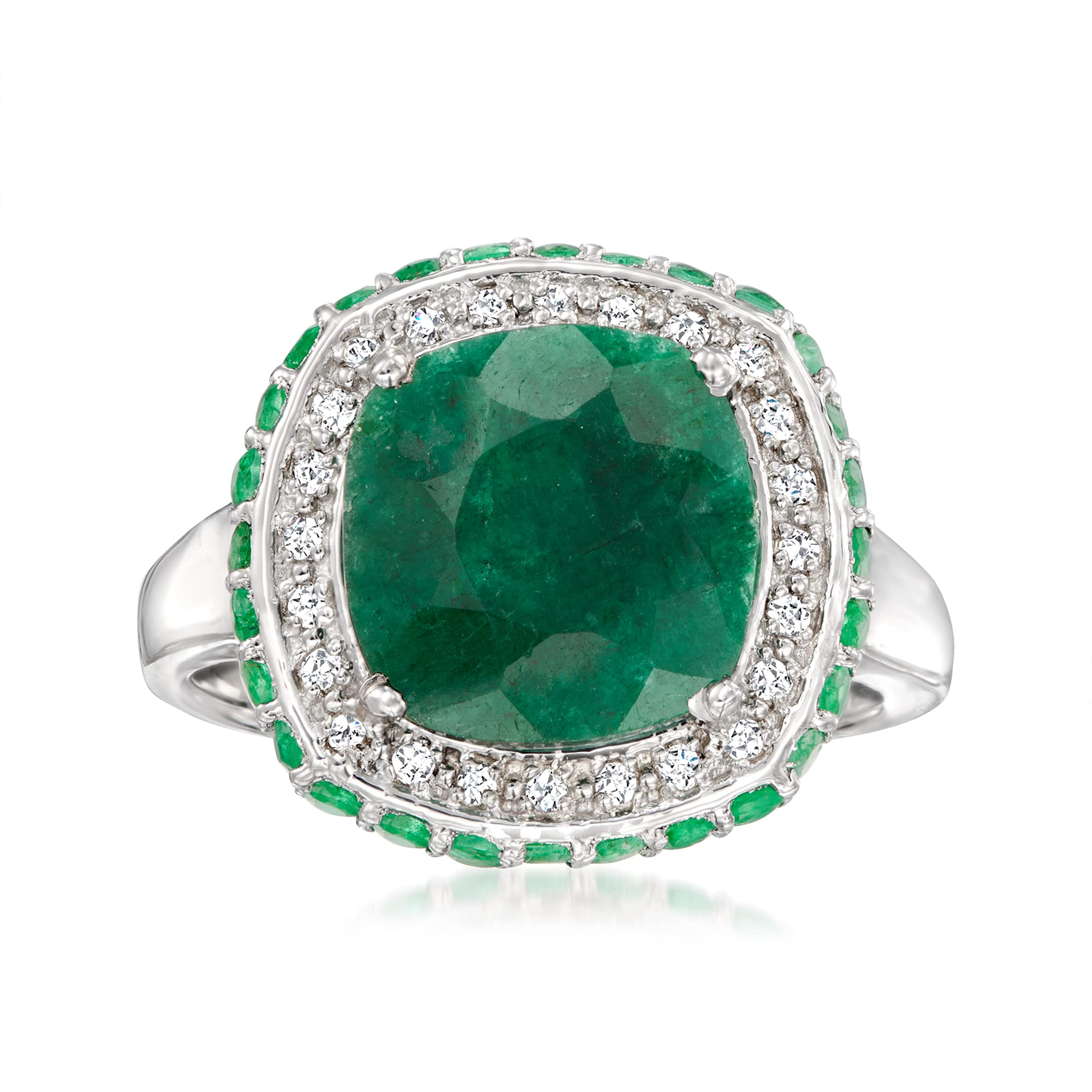Ross-Simons 4.40 ct. t.w. Emerald and .10 ct. t.w. White Topaz Ring in Sterling Silver. Size 6