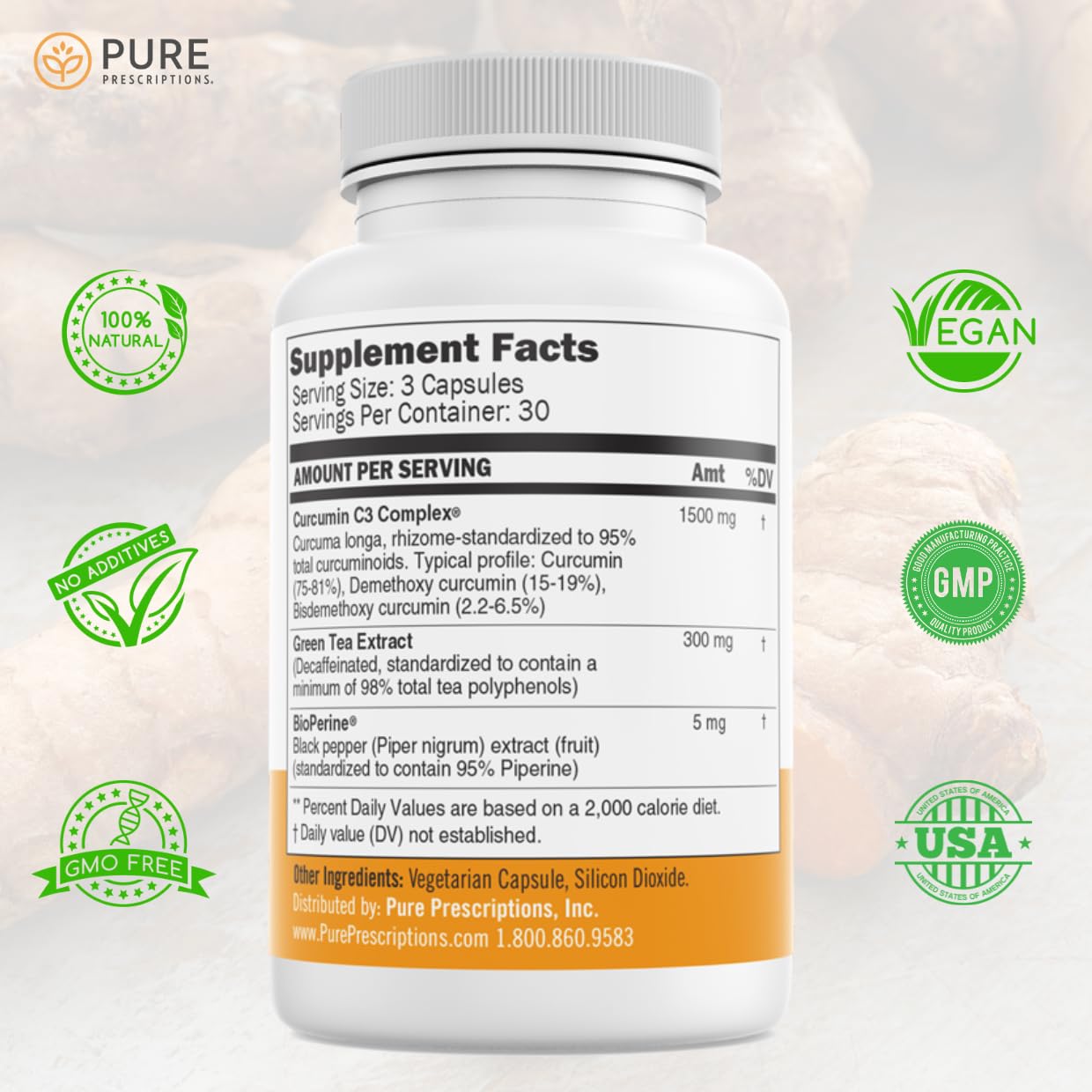 Pure Prescriptions Turmeric Curcumin C3 Complex - Bioperine for Optimum Absorption - 1500Mg Per Serving - 90 Veg Capsules - Made in USA