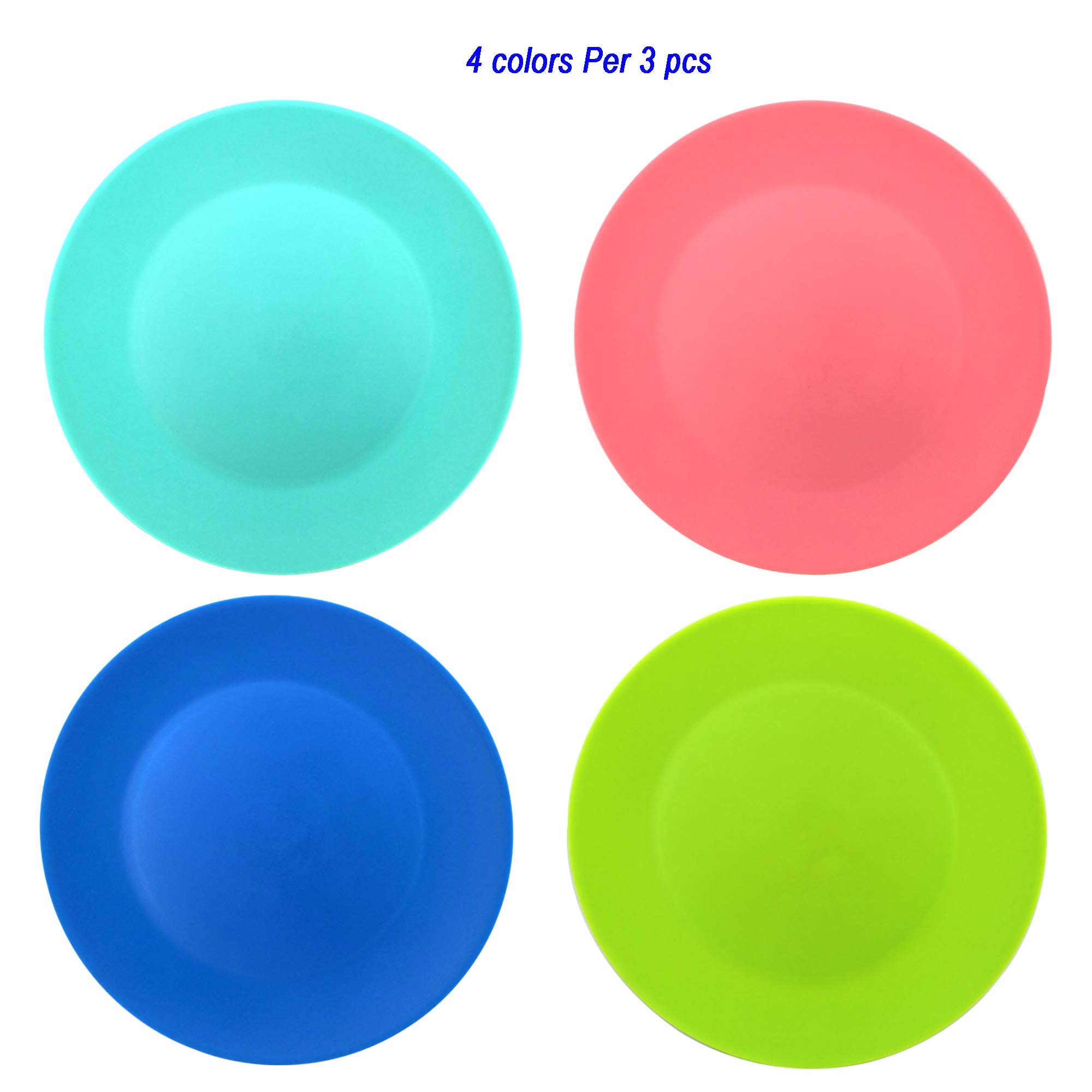 YUYUHUA Plastic Plates Reusable 10 inch - Kitchen Flat Dinner Plates - Dishwasher Safe & Microwavable Plates set of 12 - Kids Stacking Colorful Plates for Indoor Outdoor (BPA Free)