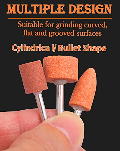 SHITIME 60 Pack Grinding Stone Set 1/8" Shank, Sanding Drill Bit for Rotary Tool Flap Wheel for Grinding, Polishing, Deburring Ferrous Metal, 2 Shaped and 3 Sizes(Orangage, Aluminum Oxide)