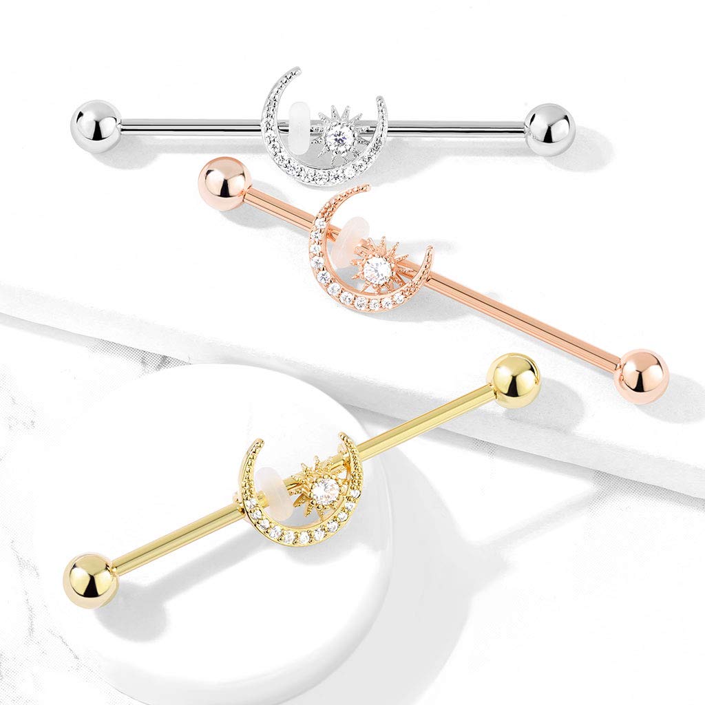 Pierced Owl CZ Crystal Paved Crescent Moon and Star Stainless Steel Industrial Barbell (Silver Tone)